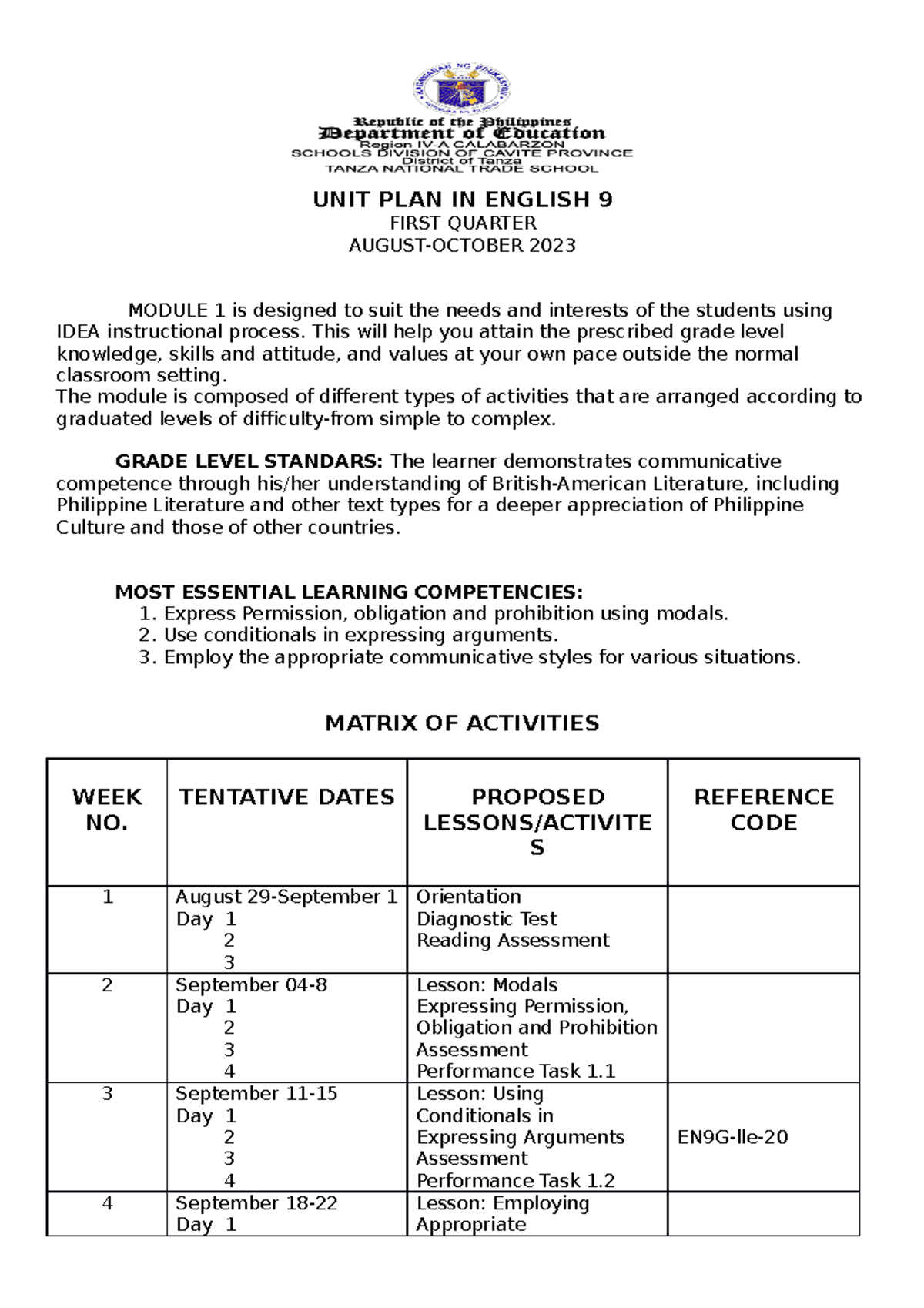 UNIT PLAN First Quarter - UNIT PLAN IN ENGLISH 9 FIRST QUARTER AUGUST ...