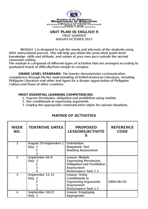 UNIT PLAN First Quarter - UNIT PLAN IN ENGLISH 9 FIRST QUARTER AUGUST ...