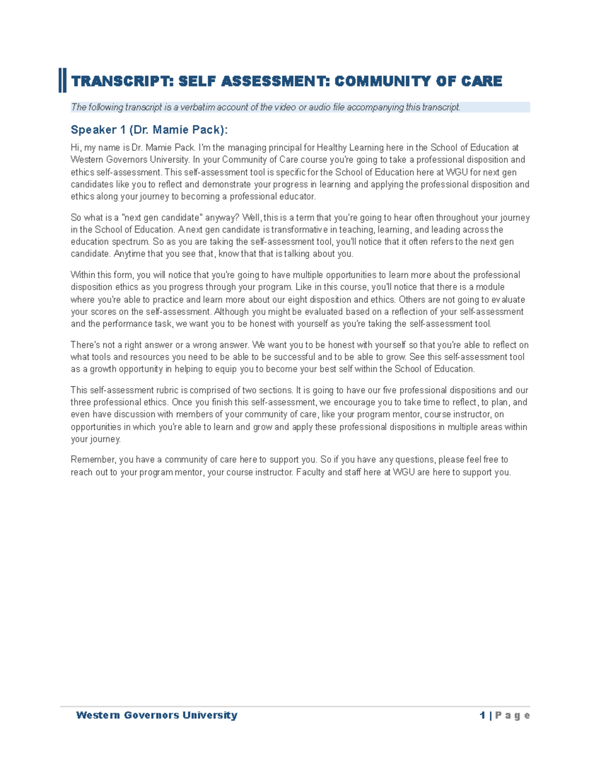 Transcript self assessment community of care - TRANSCRIPT: SELF ...