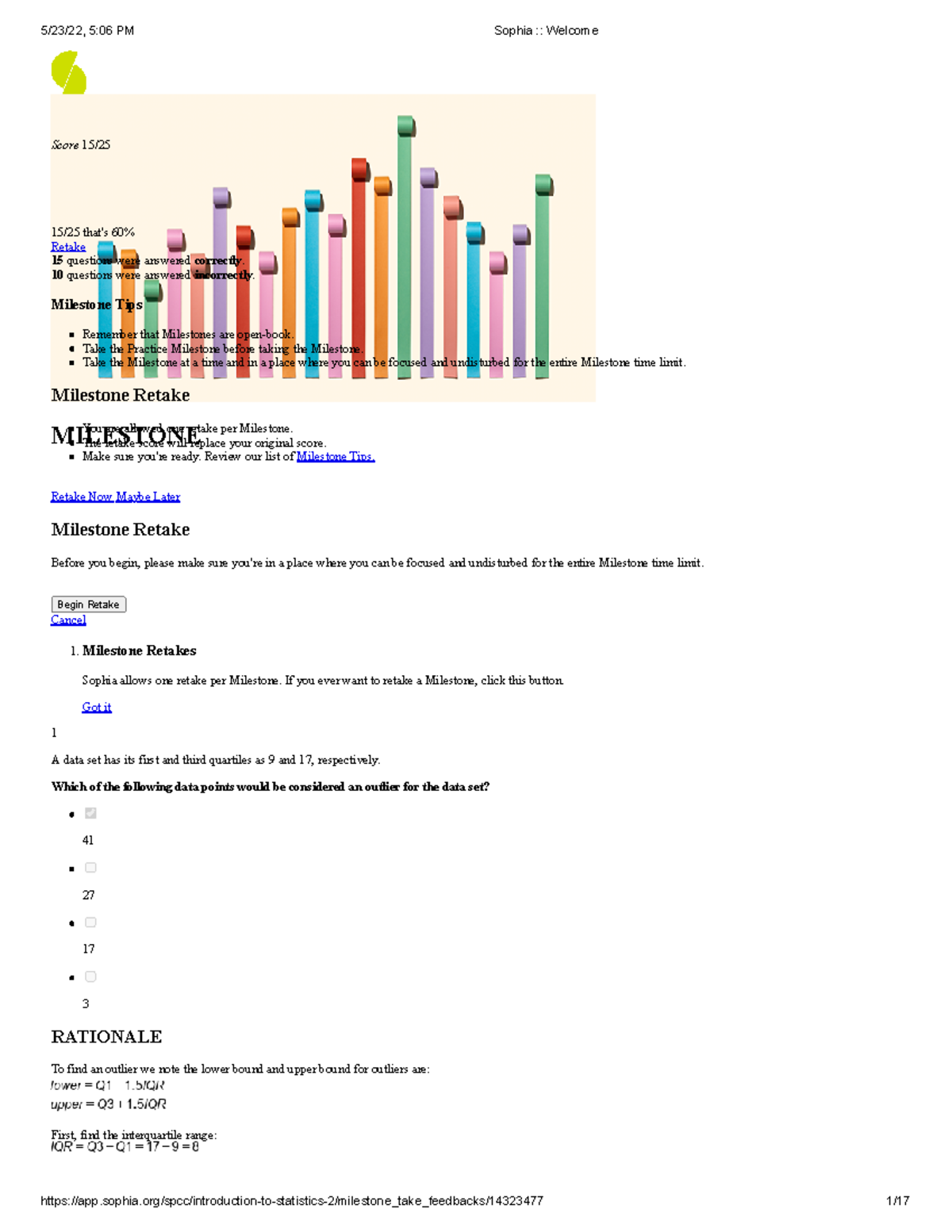 Sophia Intro to Statistics Final Milestone - MILESTONE Score 15/ 15/25 ...