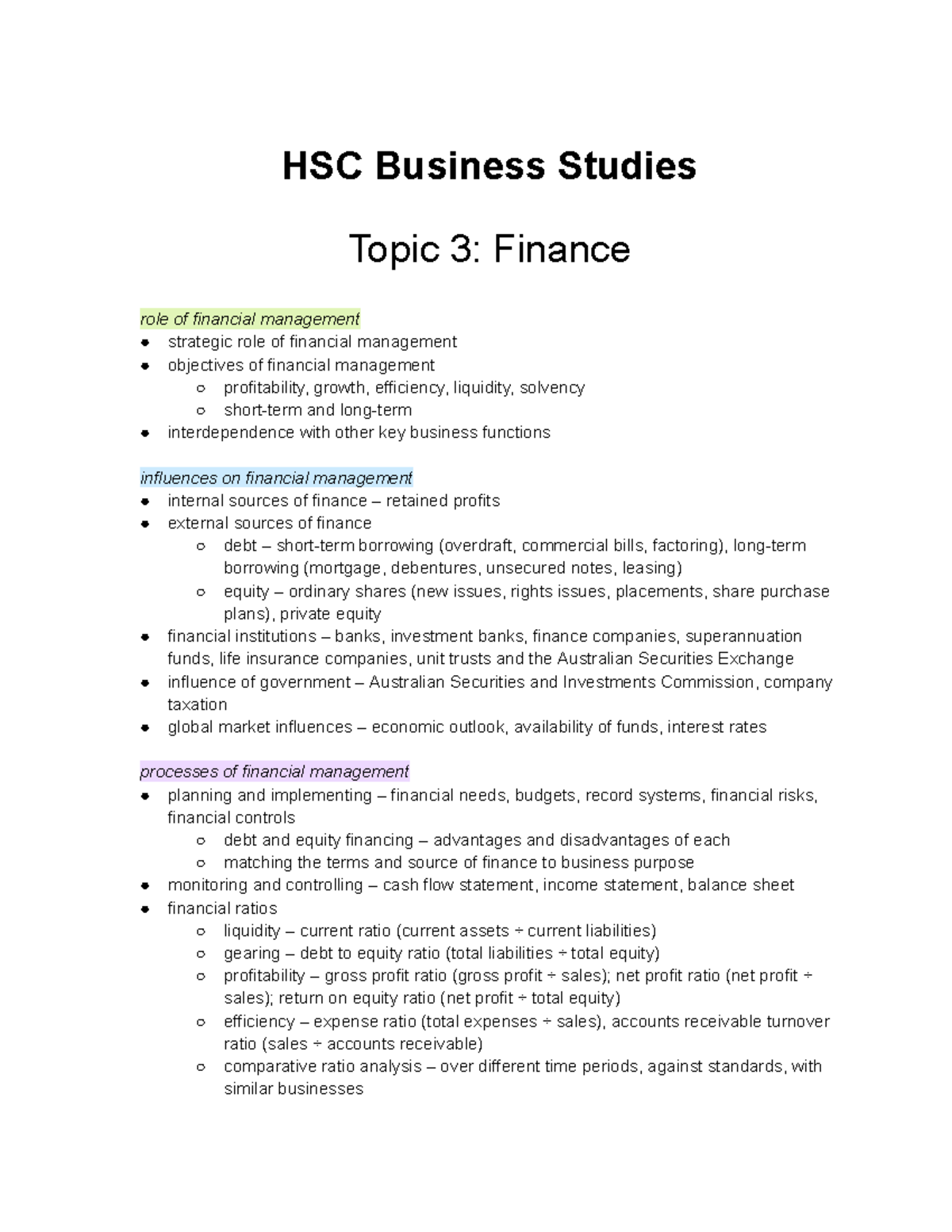 HSC Business Studies Notes - Topic 3 Finance - HSC Business Studies ...