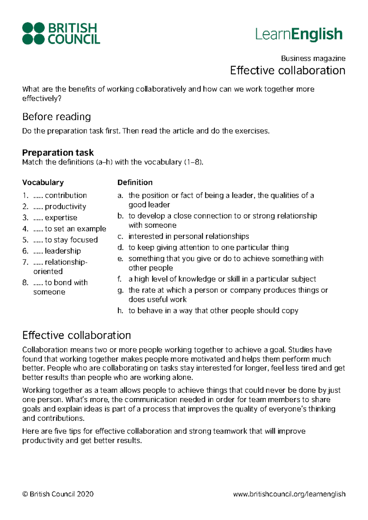 Effictive collaboration Worksheet - Business magazine Effective ...