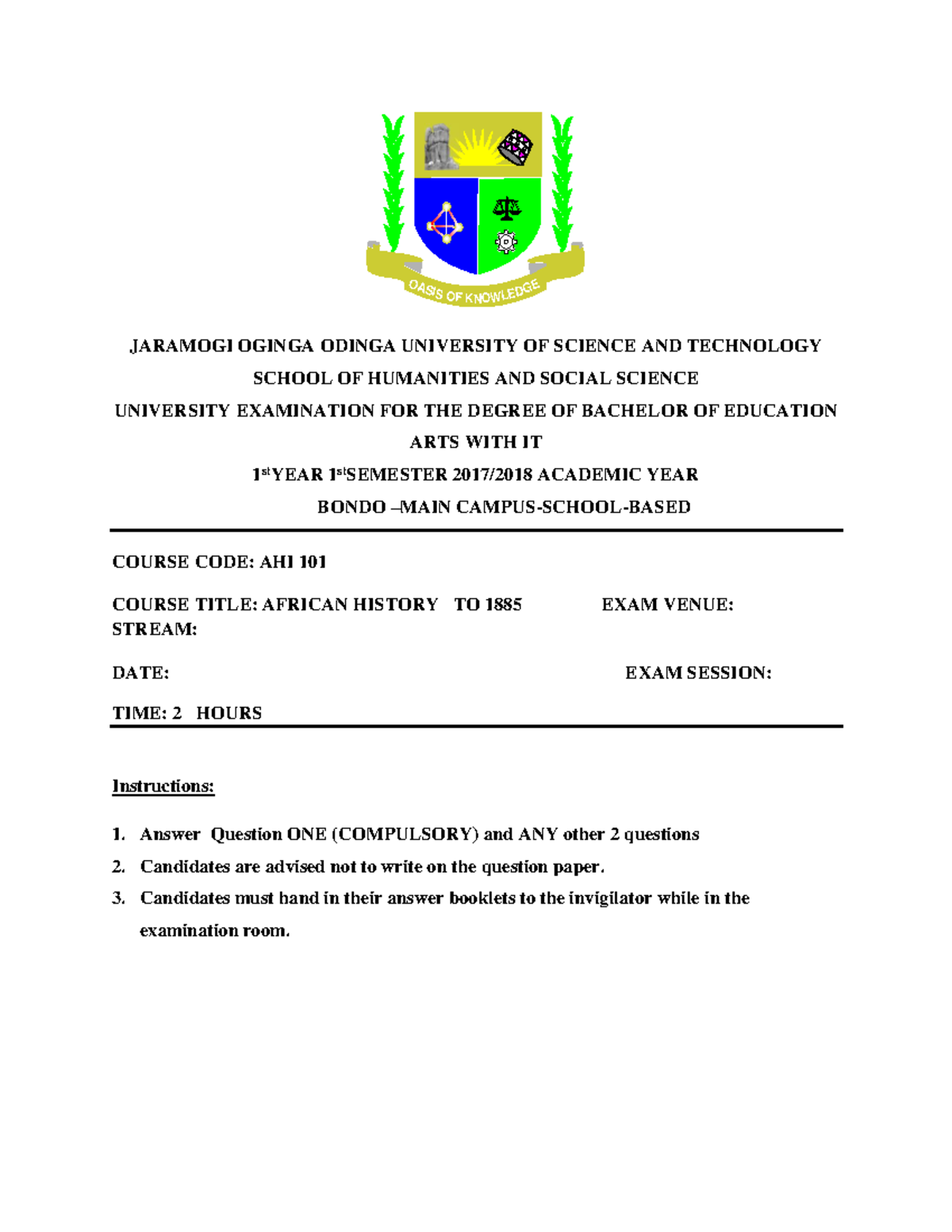 African History TO 1885 - JARAMOGI OGINGA ODINGA UNIVERSITY OF SCIENCE ...