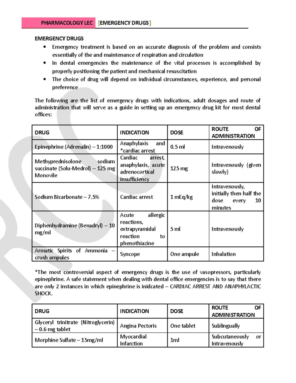 Pharmacology - Emergency Drugs - EMERGENCY DRUGS Emergency treatment is ...