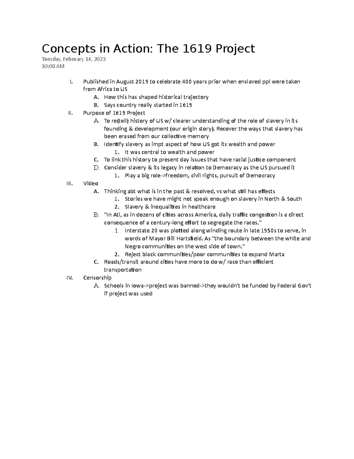 Concepts in Action The 1619 Project Notes - Concepts in Action: The ...