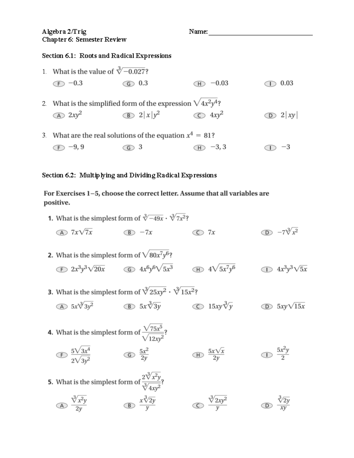 Ch 6 Final Review - MAthe worksheet - Algebra 2/Trig Name:______________________________ Chapter ...