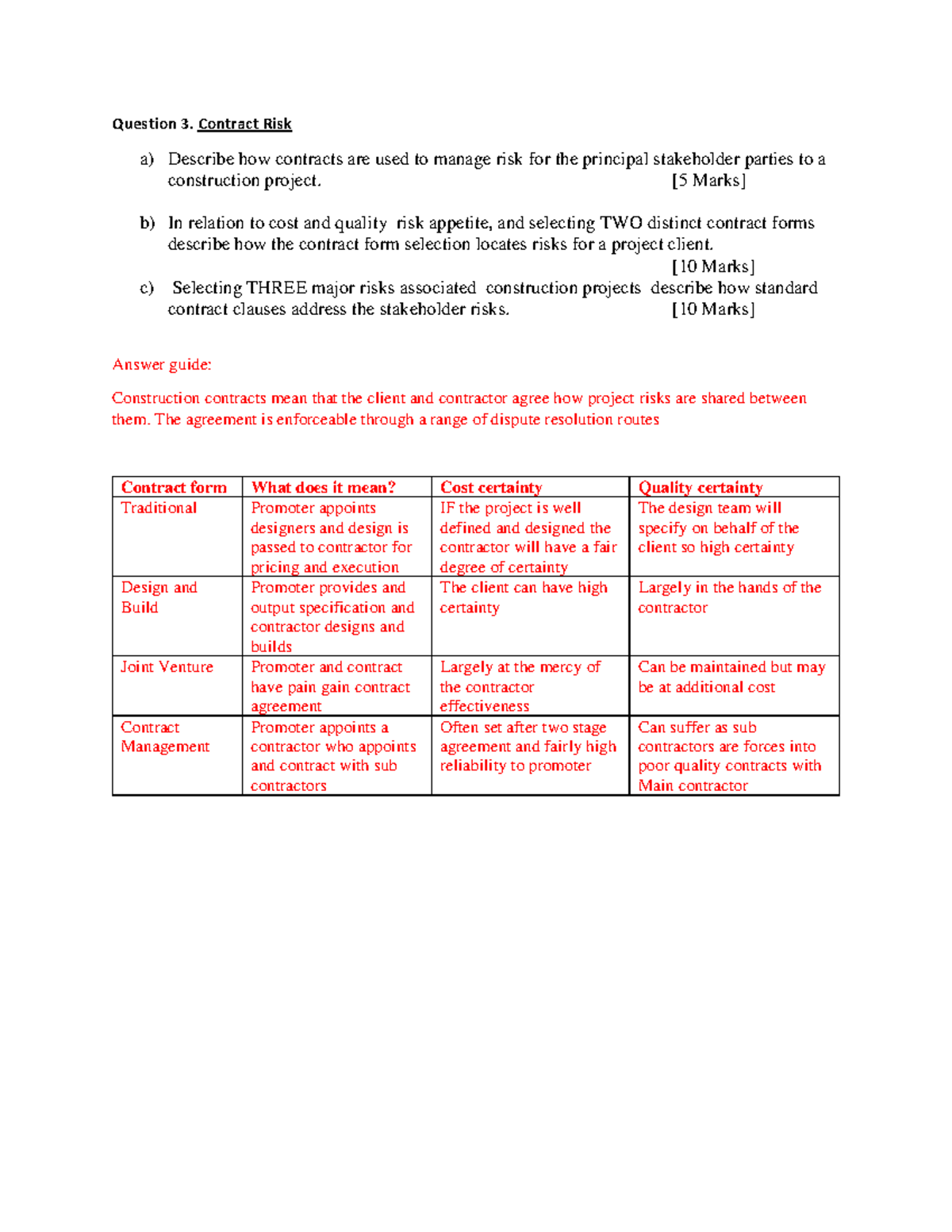 Contract Risk Tutorial Question 1 - Solution - Question 3. Contract Risk a) Describe how ...