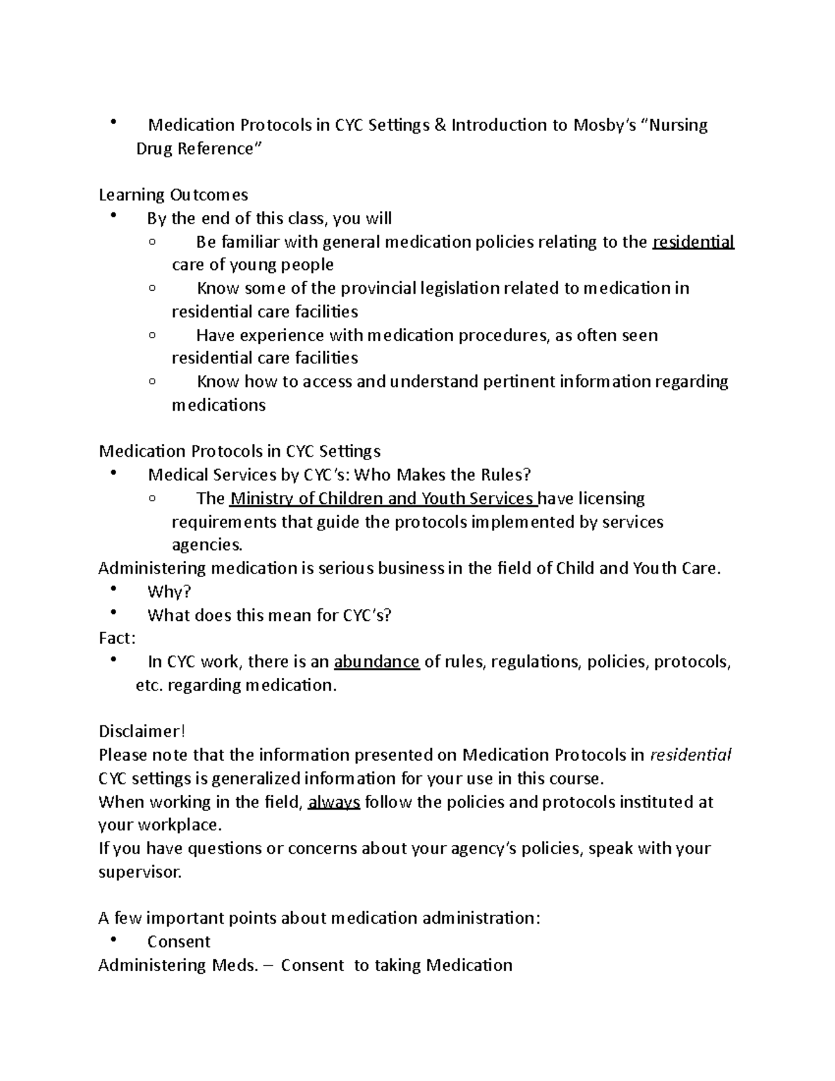 Medication Protocols in CYC Settings - Lecture notes Week 3 ...