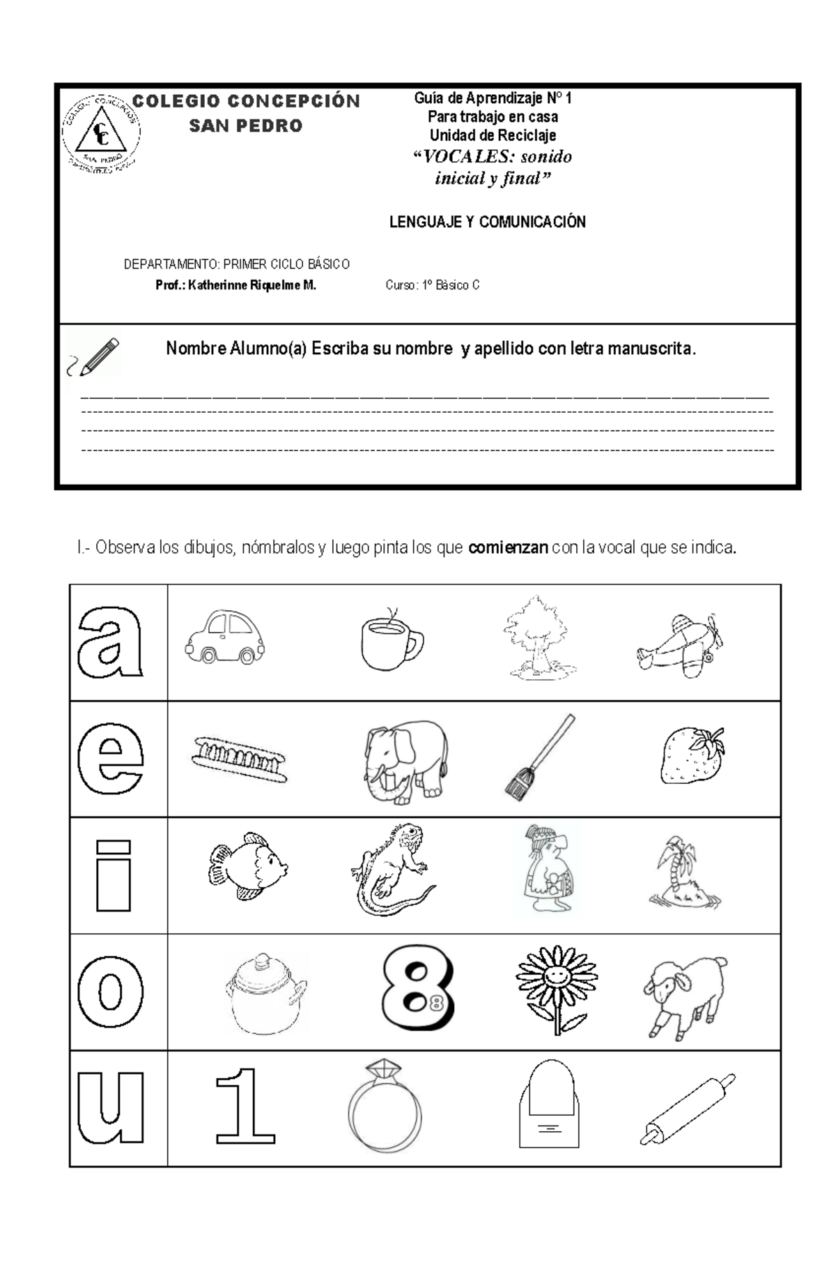 Guía Nº1 vocales inicial y final 1° Basicoactividades - COLEGIO ...
