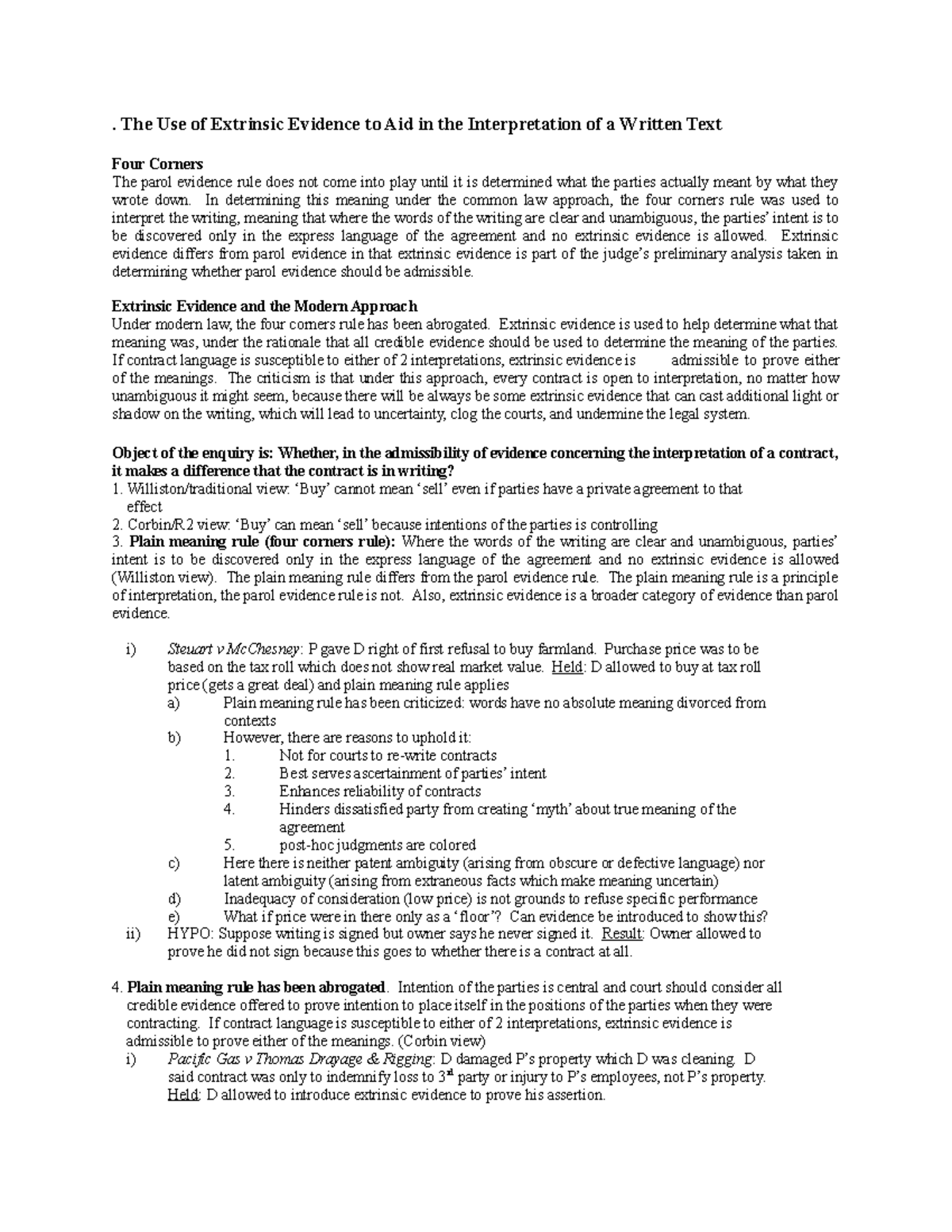 Contracts Law Outline - 2 - . The Use of Extrinsic Evidence to Aid in ...