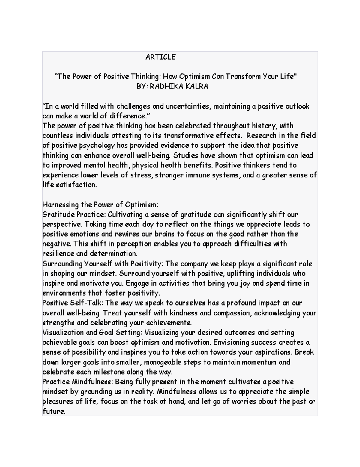 Article - ARTICLE “The Power of Positive Thinking: How Optimism Can ...