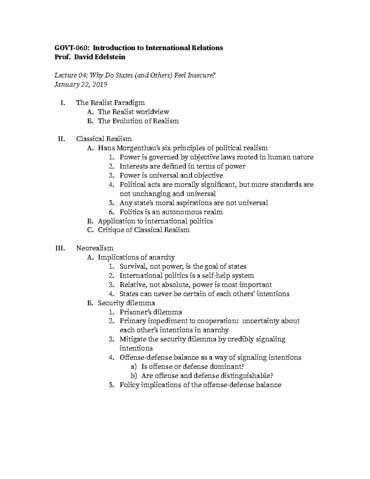 Lecture 4 Notes Why do states (and others) feel insecure - GOVT-060 ...