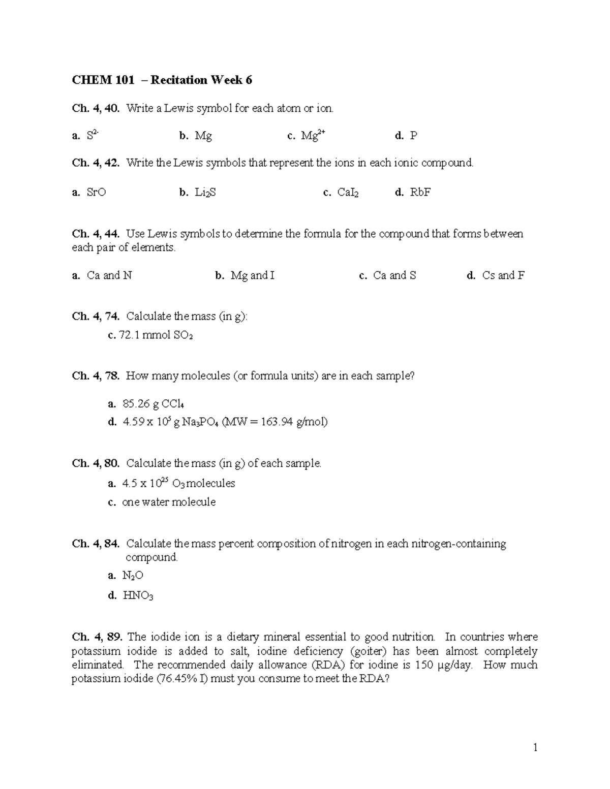 CHEM 101 Recitation Week 6 - CHEM 101 – Recitation Week 6 Ch. 4, 40 ...