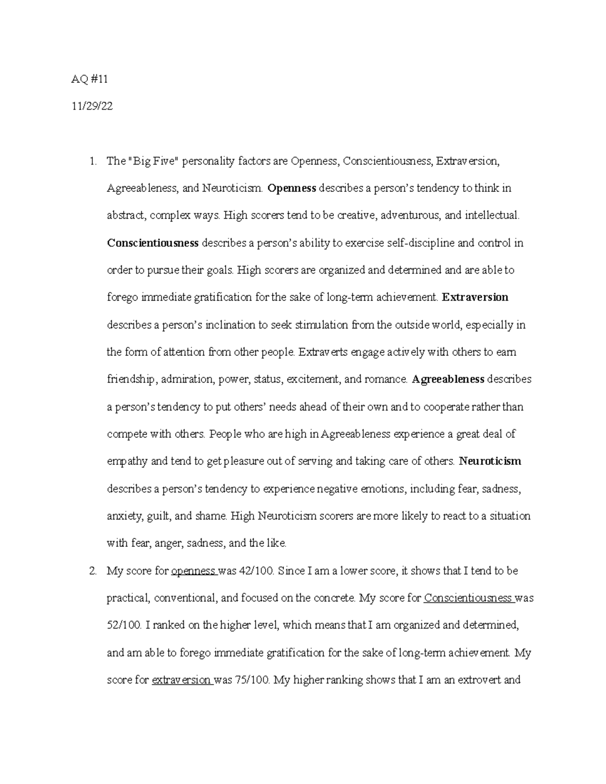 AQ #11 - Assignment notes and answers - AQ 11/29/ The "Big Five ...
