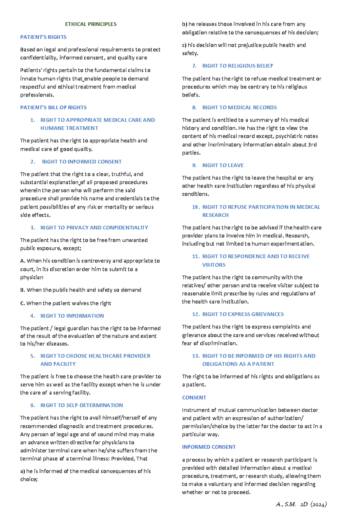 Bioethics Reviewer FOR Midterms revised - ETHICAL PRINCIPLES PATIENT’S ...