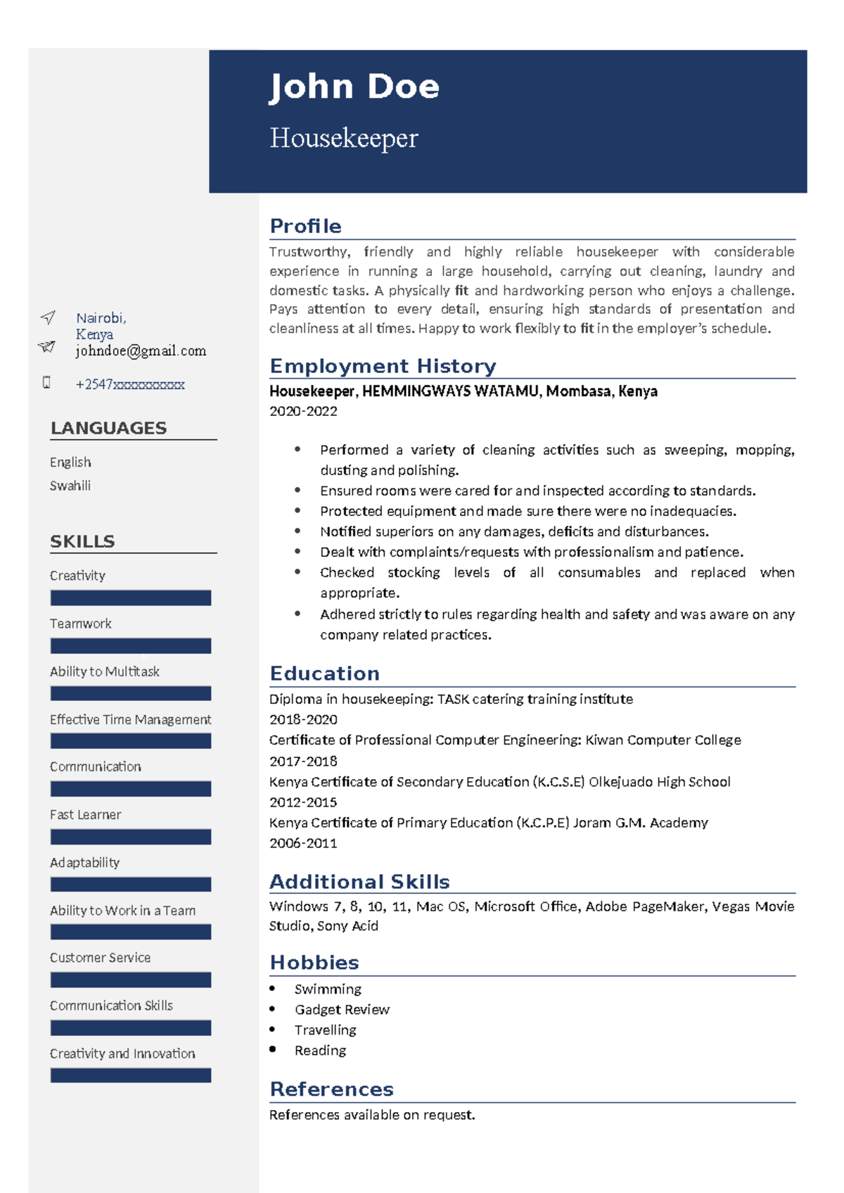 Sample curriculum vitae - [ImGE HERE [ John Doe Housekeeper johndoe ...
