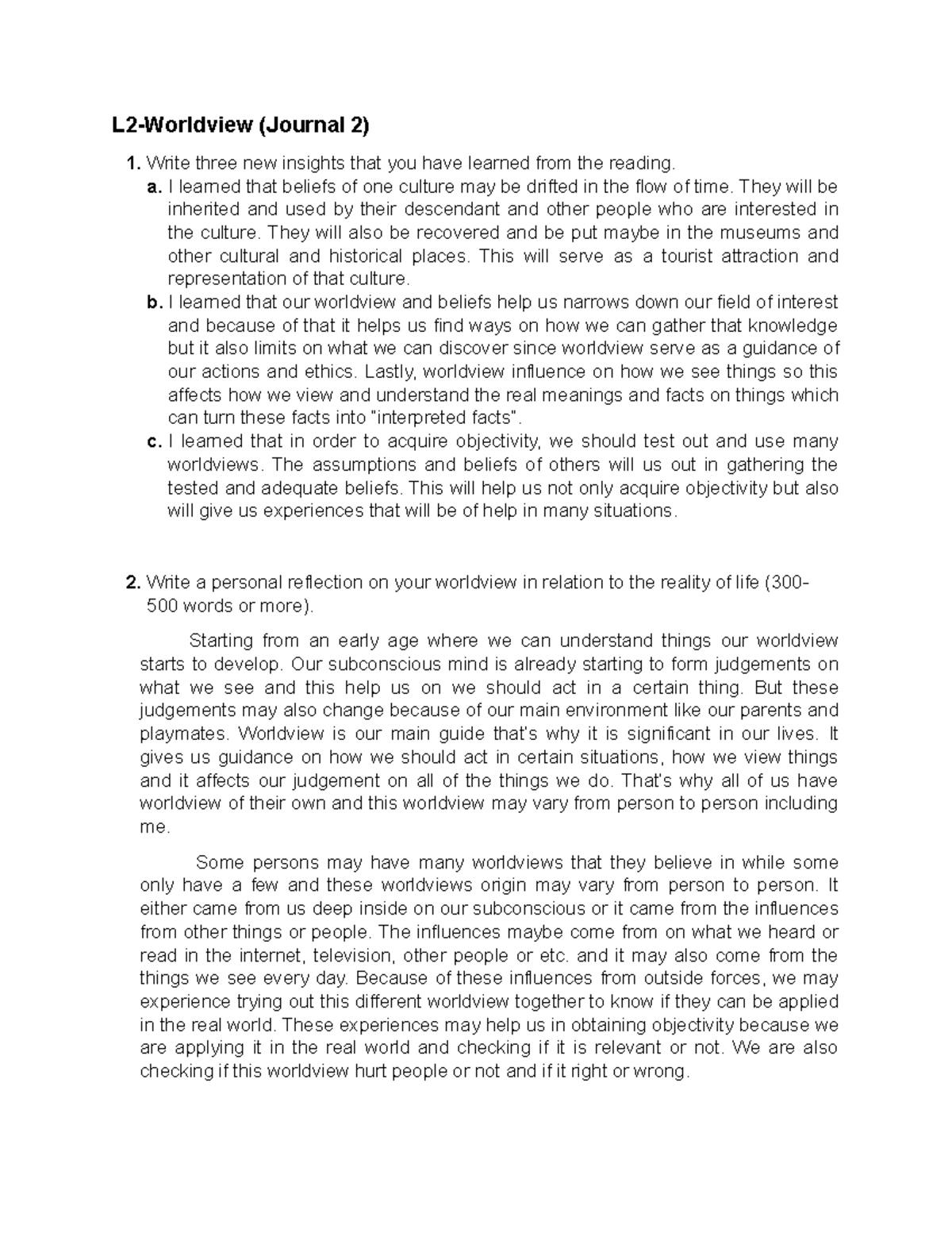 L2-Worldview (Aquevido) - L2-Worldview (Journal 2) 1. Write three new ...