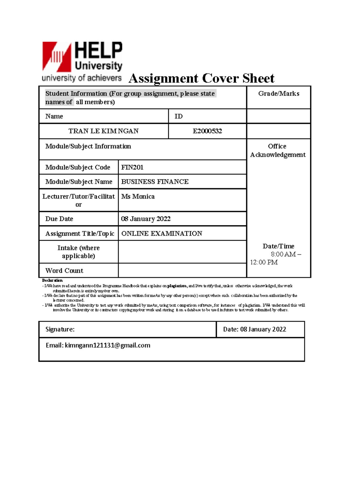 Bìa-của-HELP-Fin201 - Assignment Cover Sheet Student Information (For ...