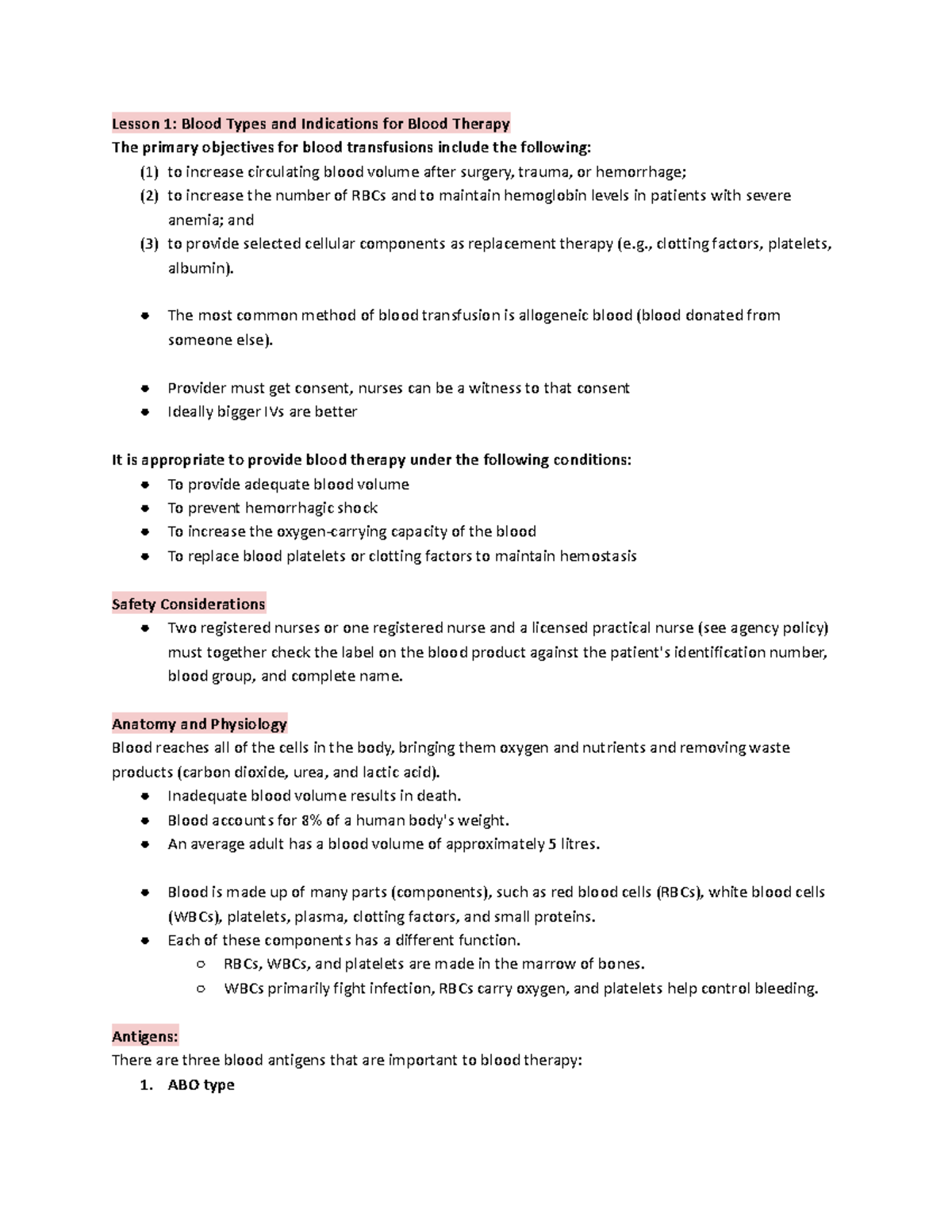 Module 15 Blood Therapy Notes - Lesson 1: Blood Types and Indications ...