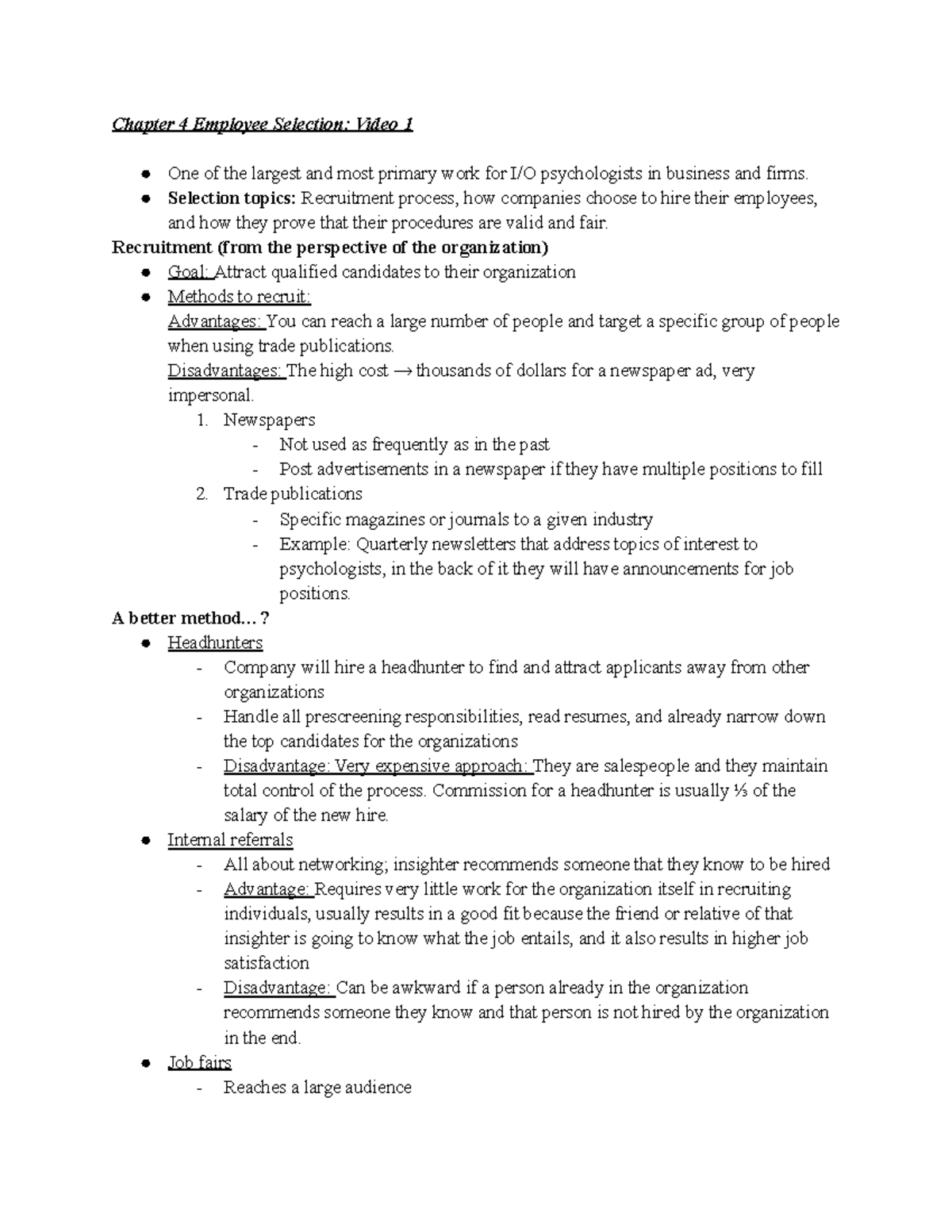 Chapter 4 Employee Selection Notes - Chapter 4 Employee Selection ...