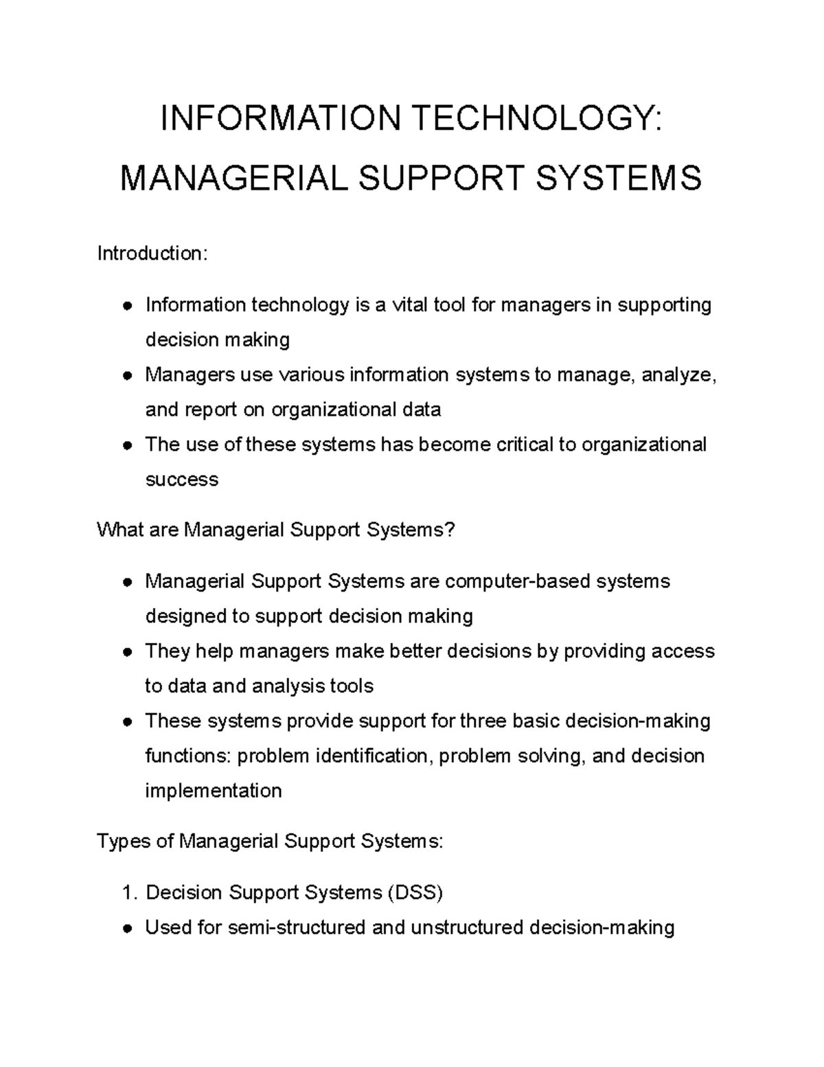 Information Technology Managerial Support Systems - INFORMATION ...