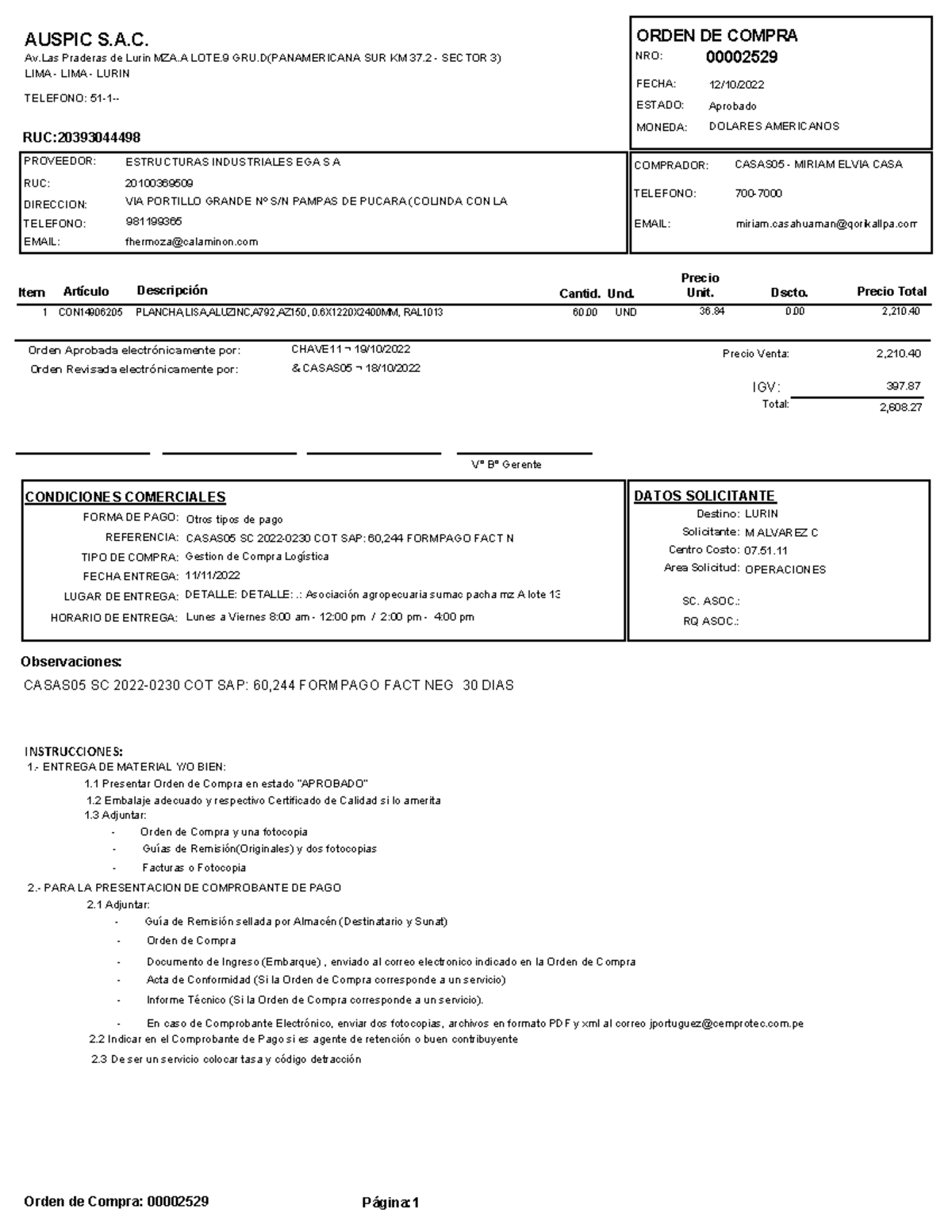 Auspic Orden Compra 00002529 - ORDEN DE COMPRA NRO: FECHA: ESTADO ...