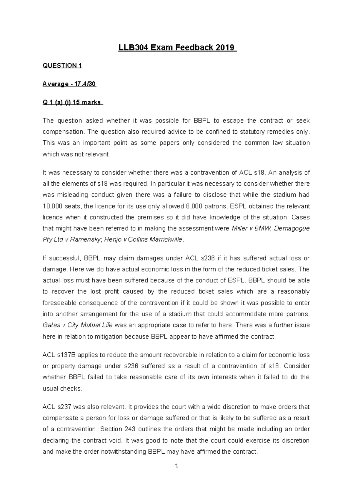 LLB304 Exam Feedback 2019 - LLB304 Exam Feedback 2019 QUESTION 1 ...