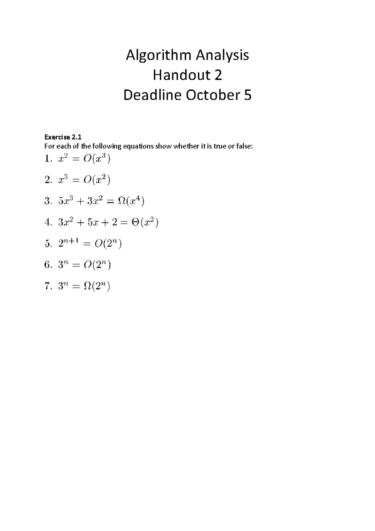 Homework 2 Sol Warning Tt Undefined Function 32 Algorithm Analysis Handout 2 Deadline