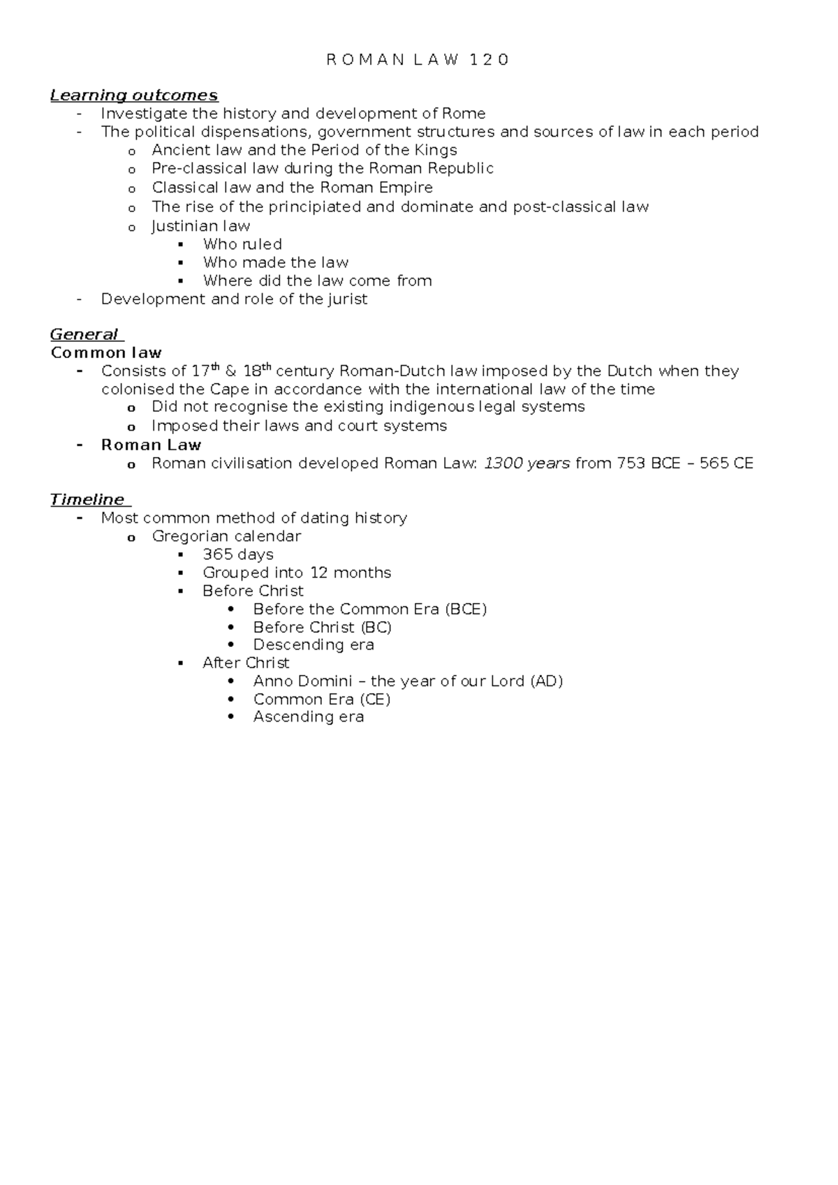 Unit 1 real - good notes - R O M A N L A W 1 2 0 Learning outcomes ...