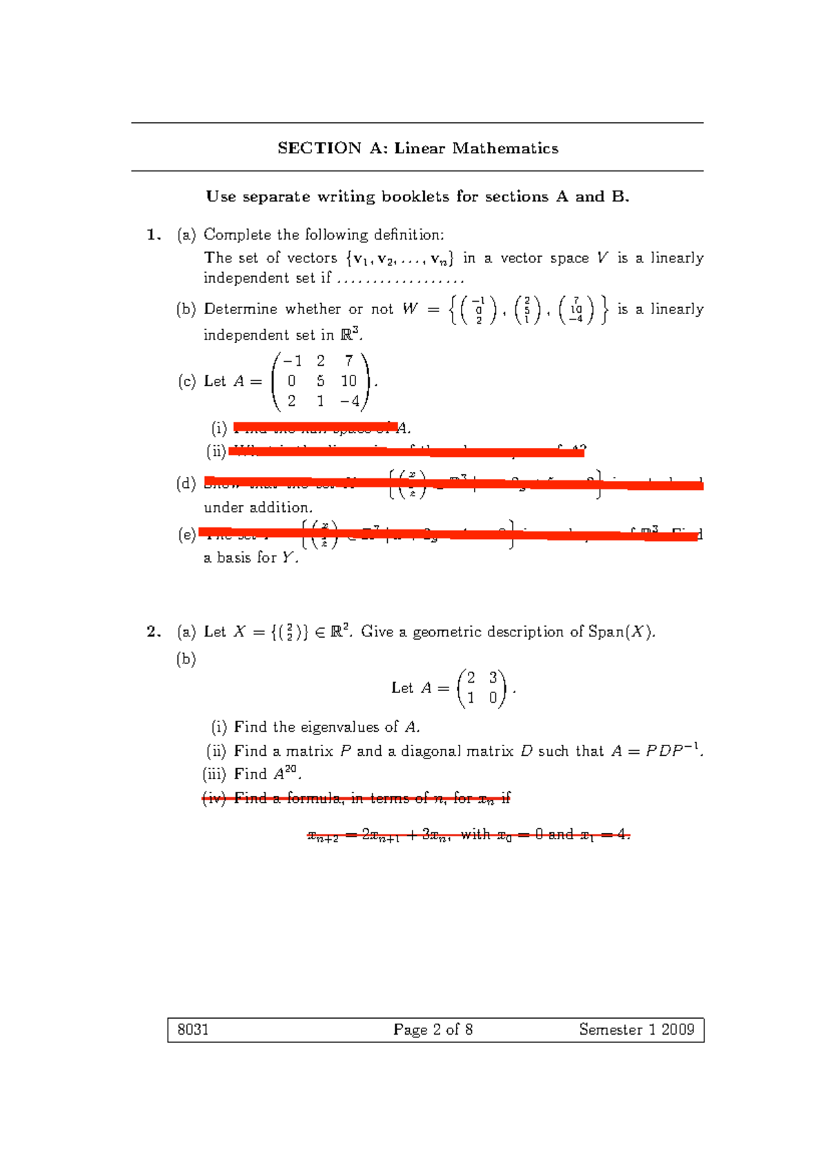 MATH1002 Practice Exam Questions - SECTION A: Linear Mathematics Use separate writing booklets ...