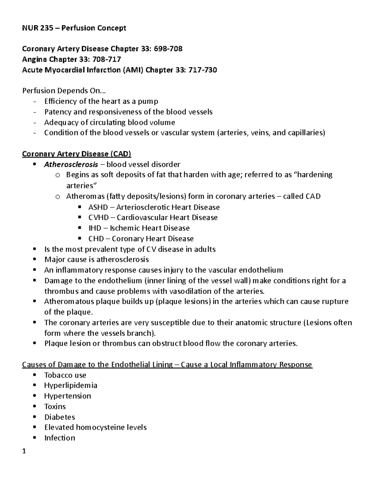 Perfusion Concept - NUR 235 – Perfusion Concept Coronary Artery Disease ...