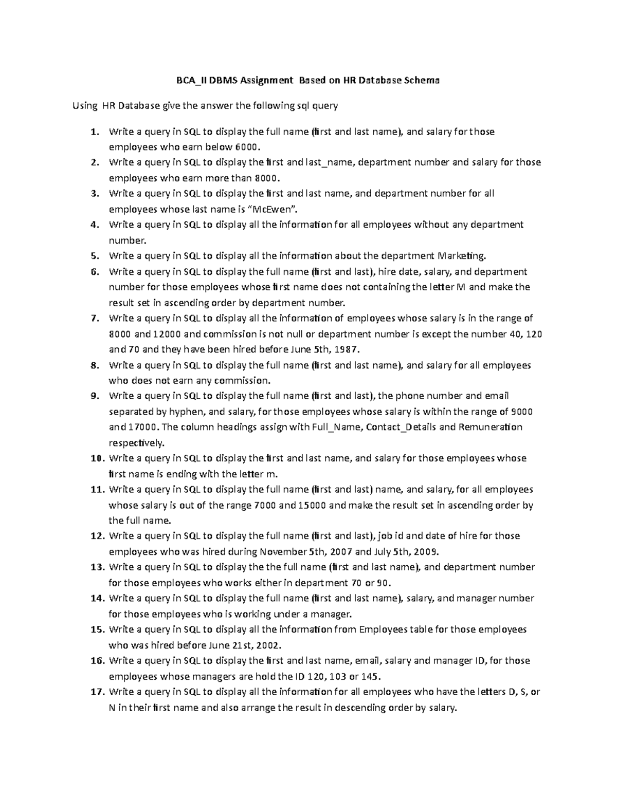 SQLQuestion HRDatabase - BCA_II DBMS Assignment Based on HR Database ...