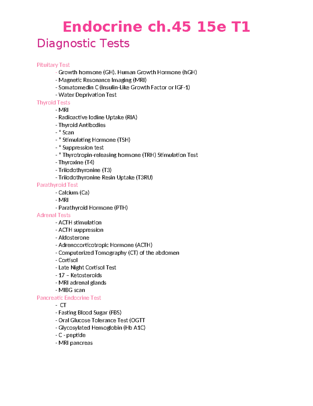 Diagnostic Tests - Diagnostic Tests Pituitary Test Growth hormone (GH ...