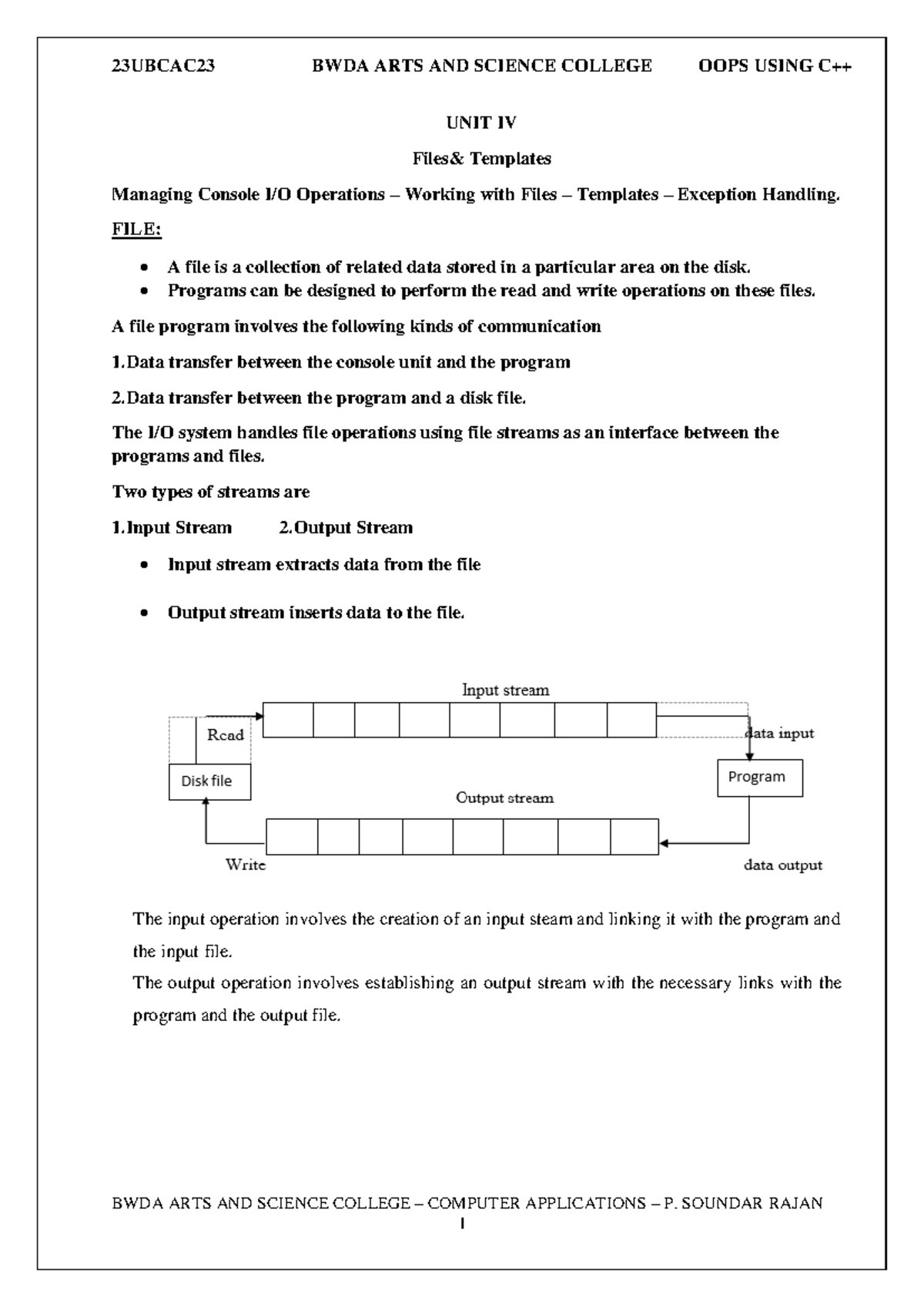 UNIT IV PROGRMMING IN CPP - BWDA ARTS AND SCIENCE COLLEGE – COMPUTER ...