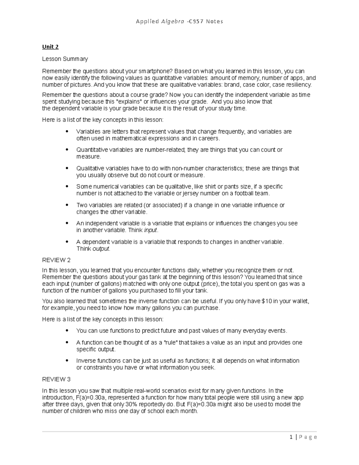 Notes for applied Algebra - Unit 2 Lesson Summary Remember the ...