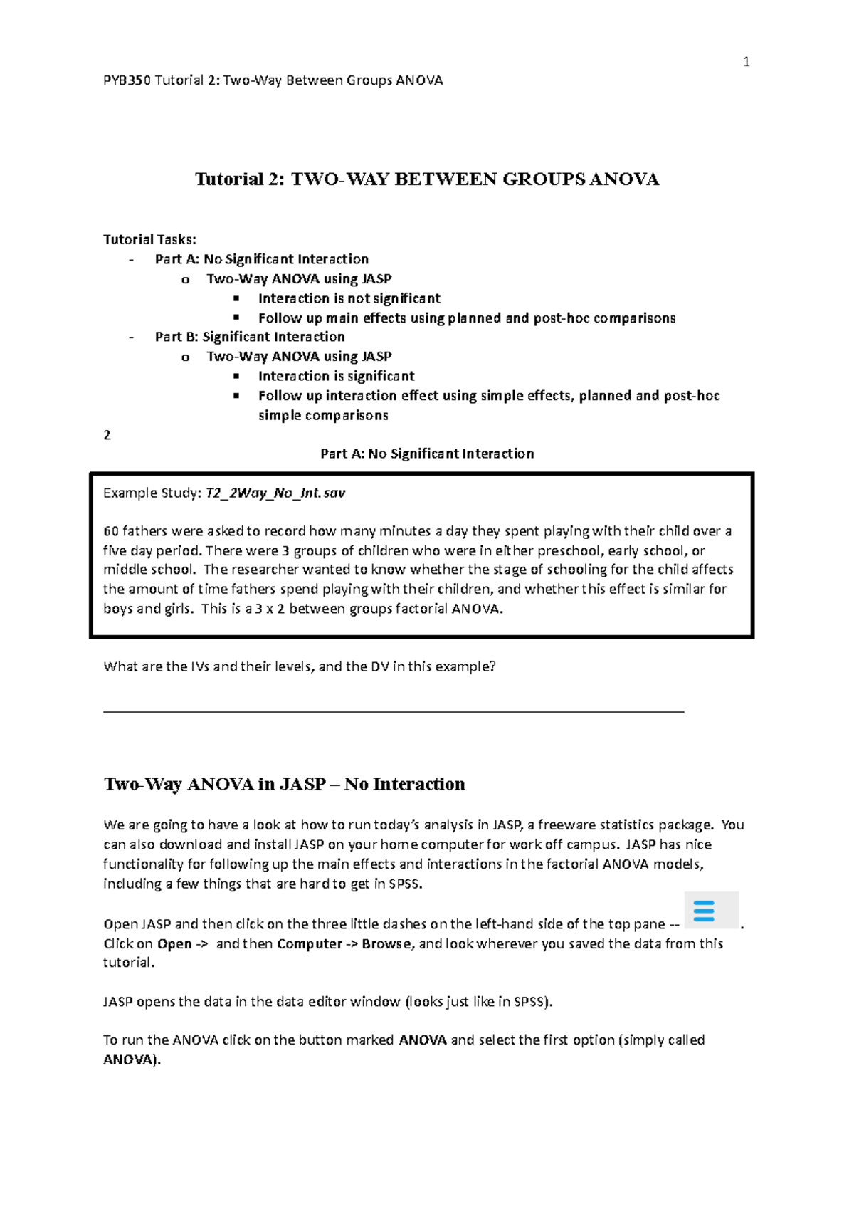 Tutorial 2-1 - tute doc - PYB350 Tutorial 2: Two-Way Between Groups ...