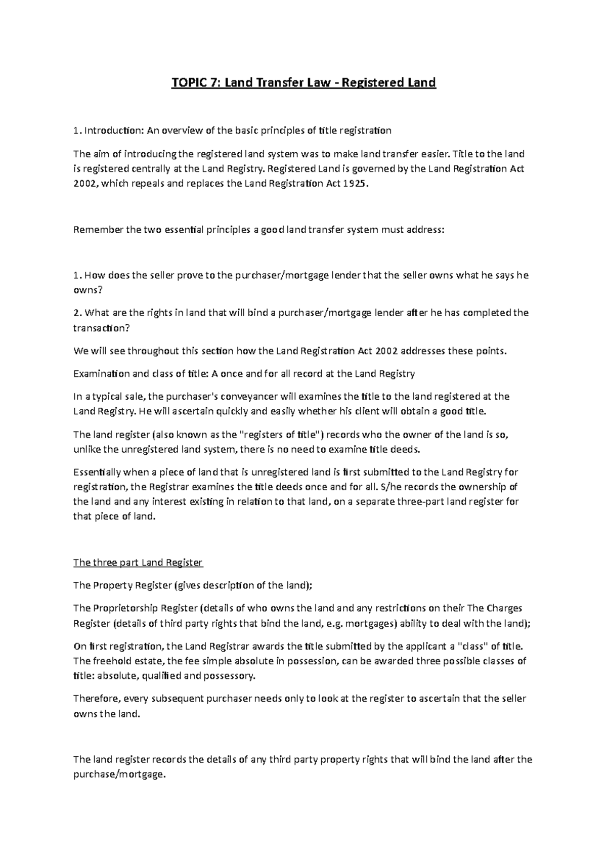 Land Transfer Law - Registered Land - TOPIC 7: Land Transfer Law ...