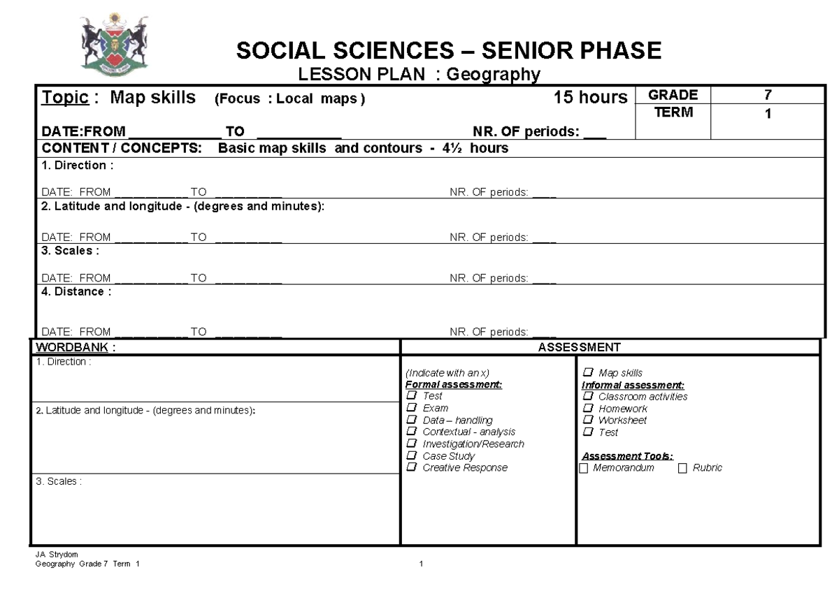 Grade 7 geography term 1 - SOCIAL SCIENCES – SENIOR PHASE LESSON PLAN ...