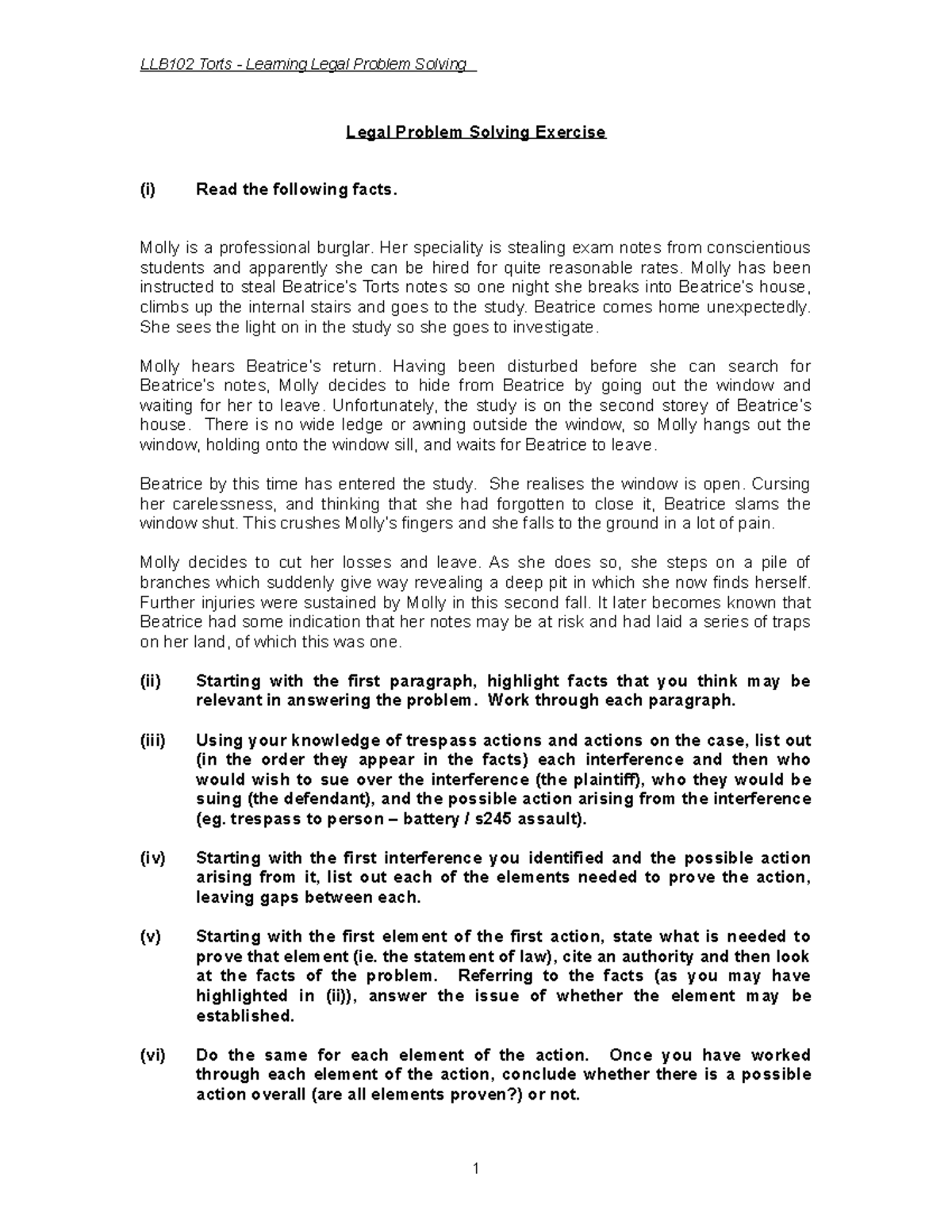 LLB102 Legal Problem Solving Exercise - LLB102 Torts - Learning Legal ...