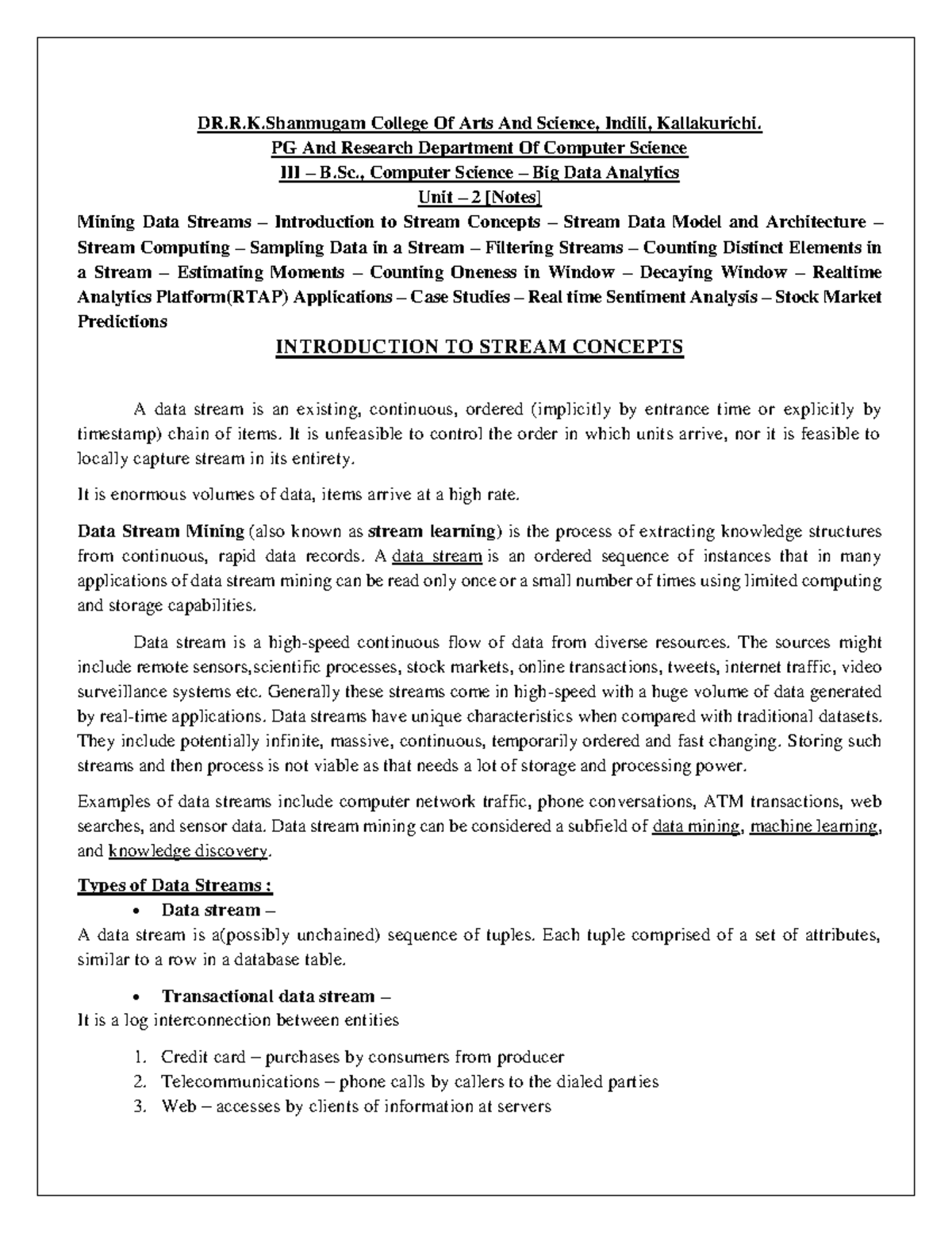 Unit 2 Big Data - Only the syllabus covered and short summarizes - DR.R.K College Of Arts And ...