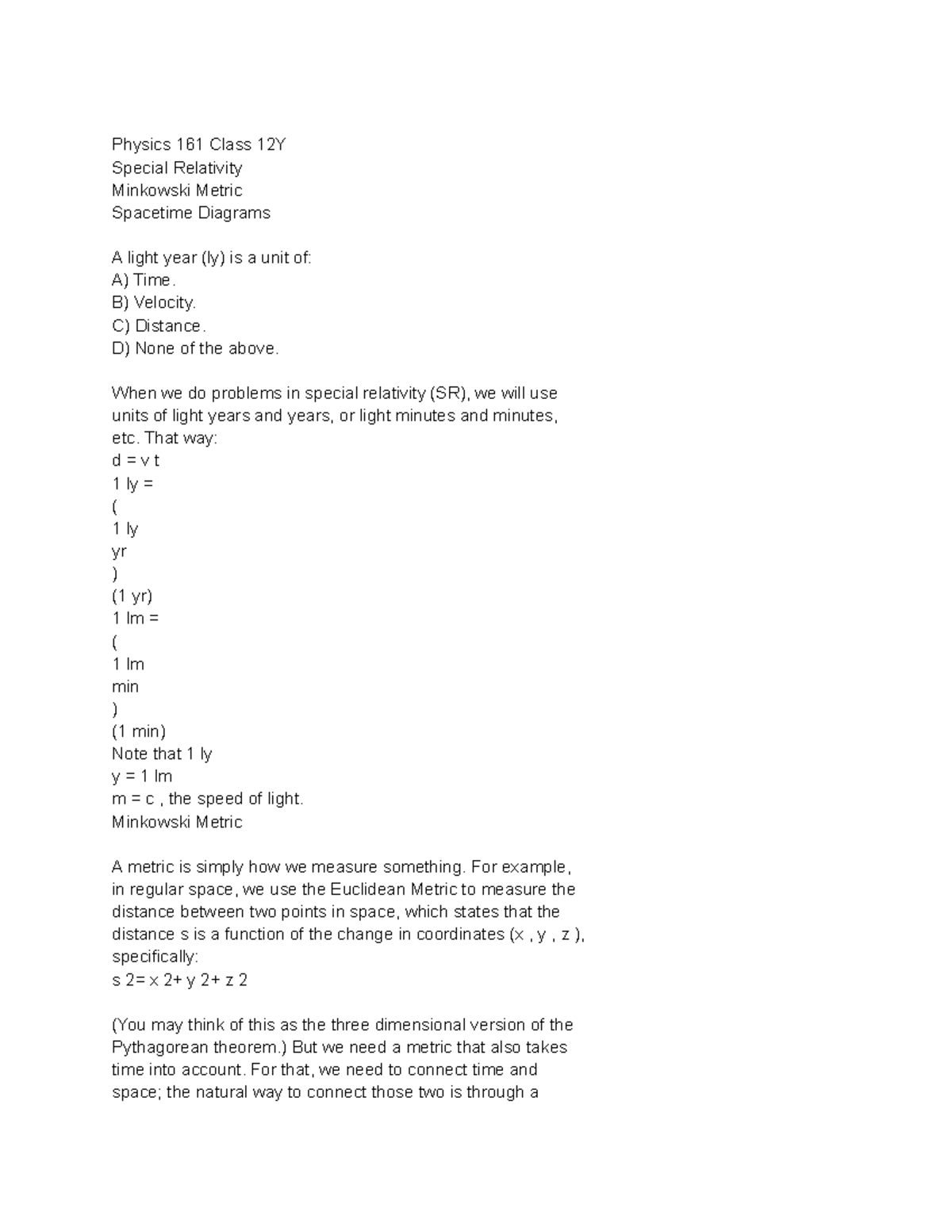 Physics 161 Class 12Y - Physics 161 Class 12Y Special Relativity ...