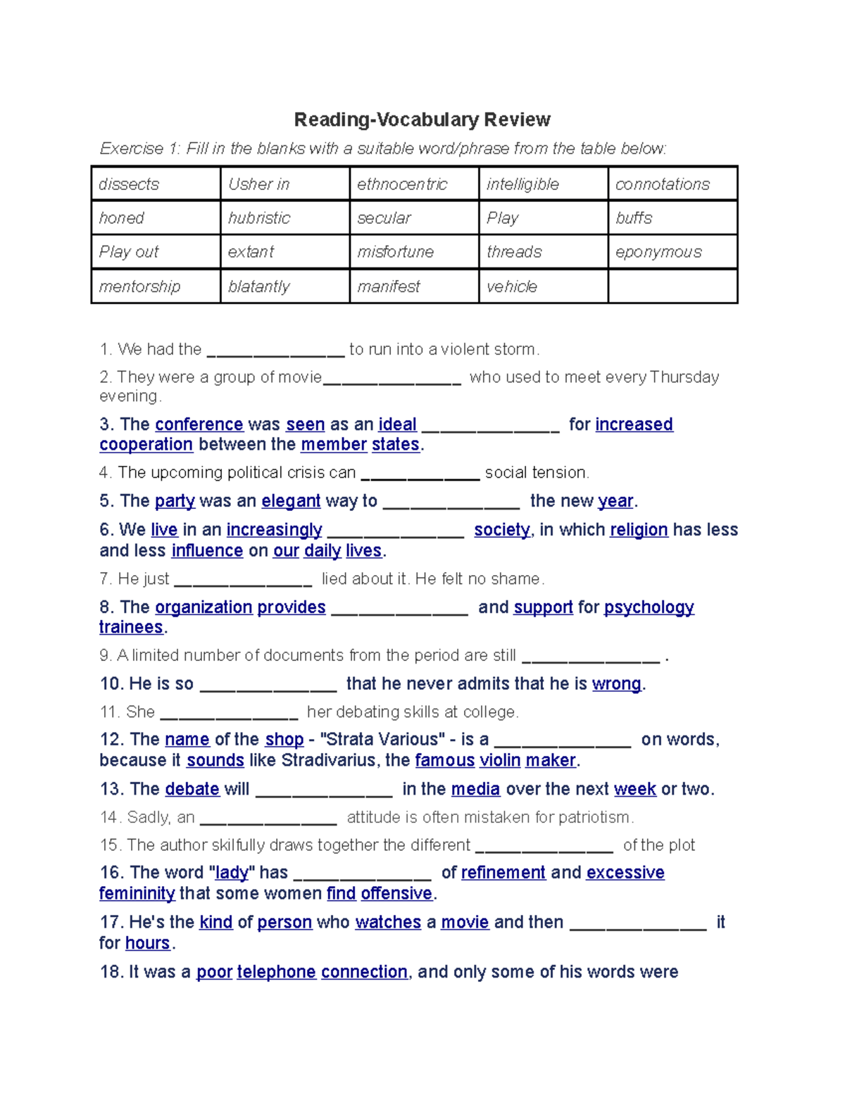 [Revised] Reading+Vocab Exercise - Reading-Vocabulary Review Exercise 1 ...