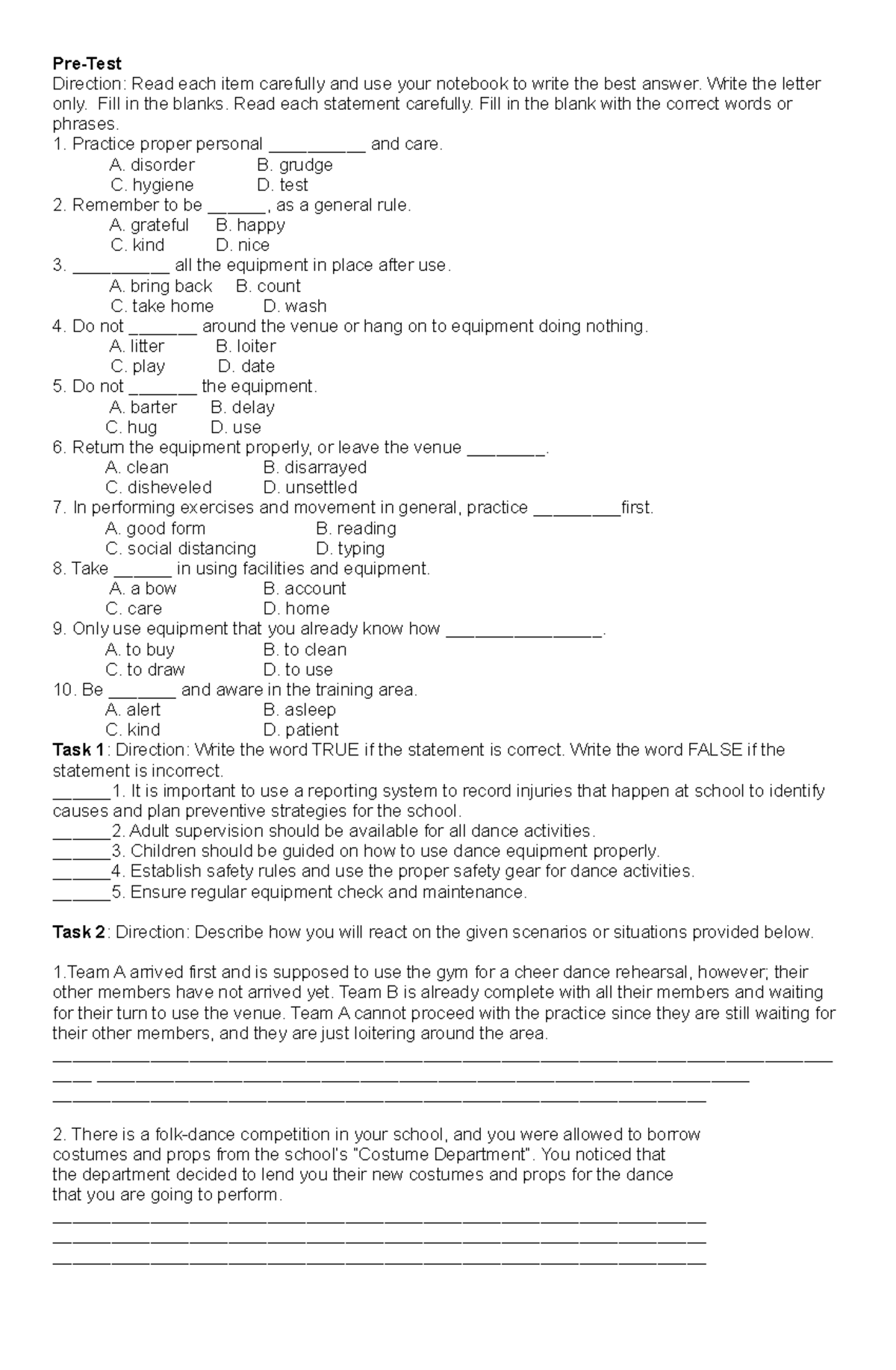 Pe and Health Pre-Test - Pre-Test Direction: Read each item carefully ...