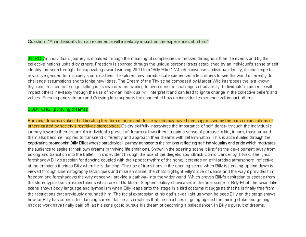 English Common module: Billy Elliot - Question : “An individual's human ...