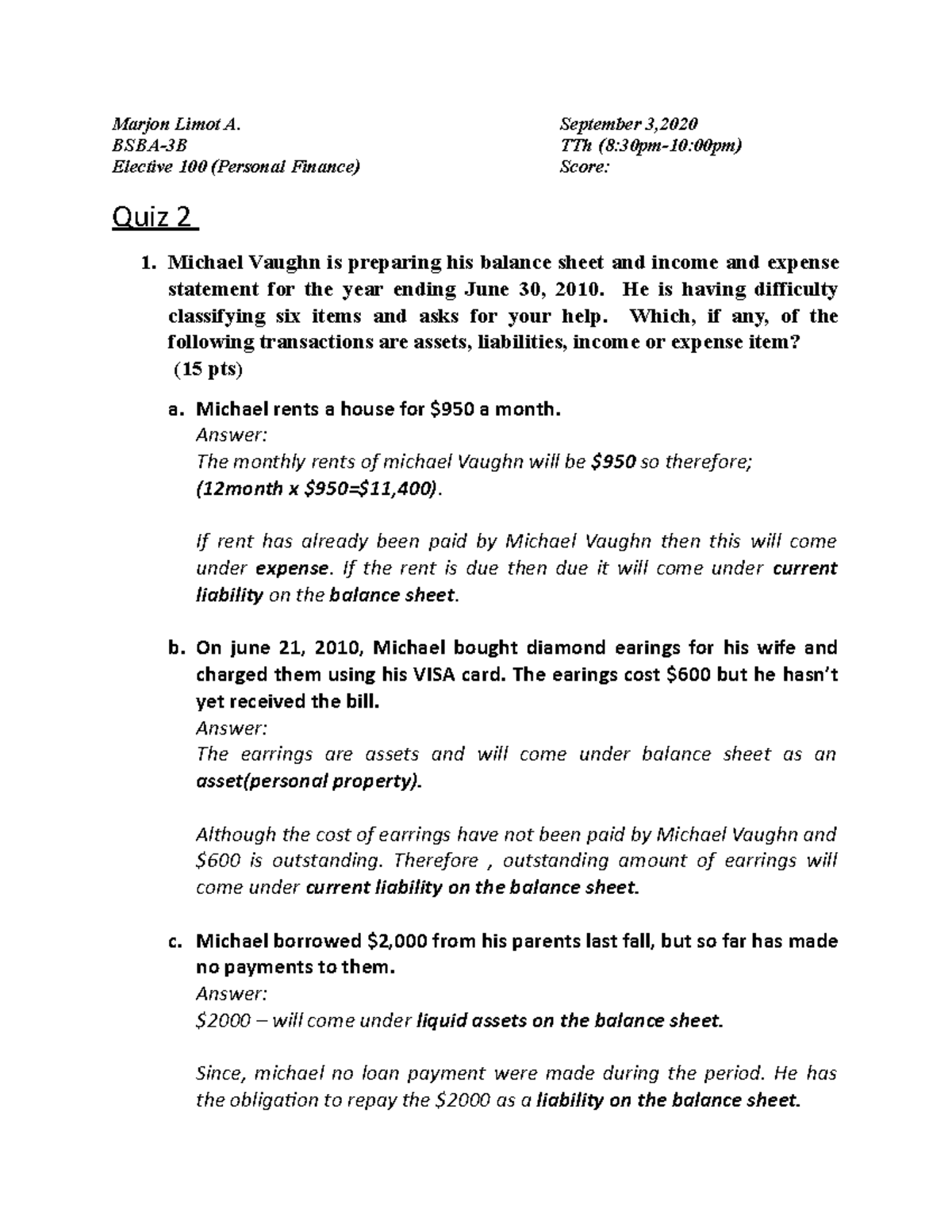 Personal Finance Quiz no - Marjon Limot A. September 3, BSBA-3B TTh (8 ...