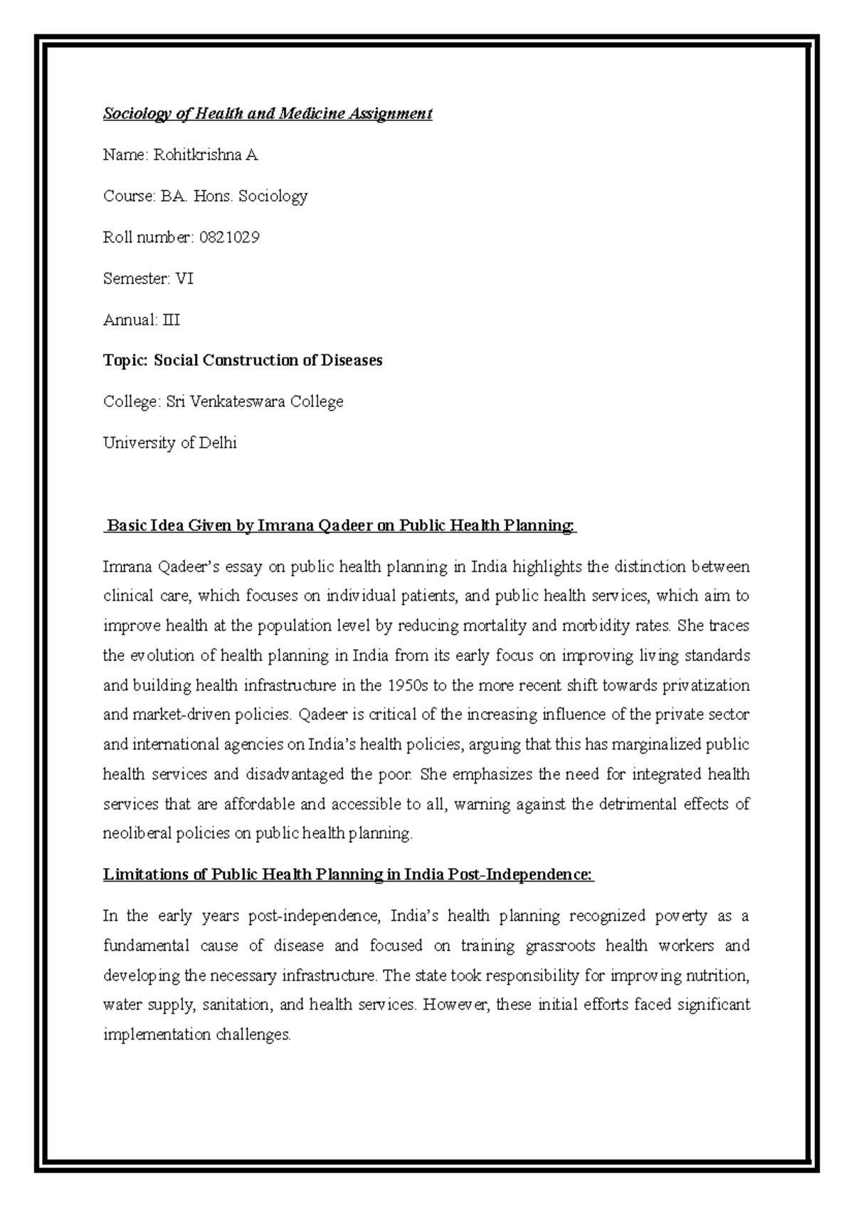 HM Quadeer - Analysis of important topics from sociology of health and ...