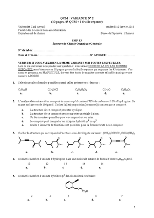Chapitre 1 hybridation sp - QCM : VARIANTE Nº 1 (10 pages, 45 QCM + 1 feuille réponse ...
