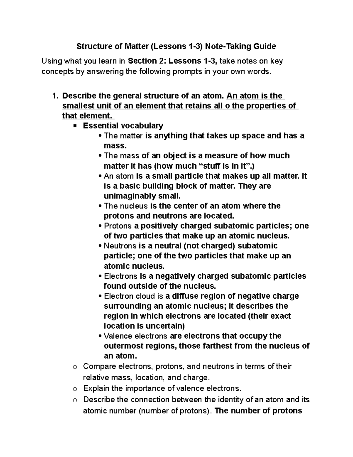 Lesson 1-3 Section 2 - Structure of Matter (Lessons 1-3) Note-Taking ...