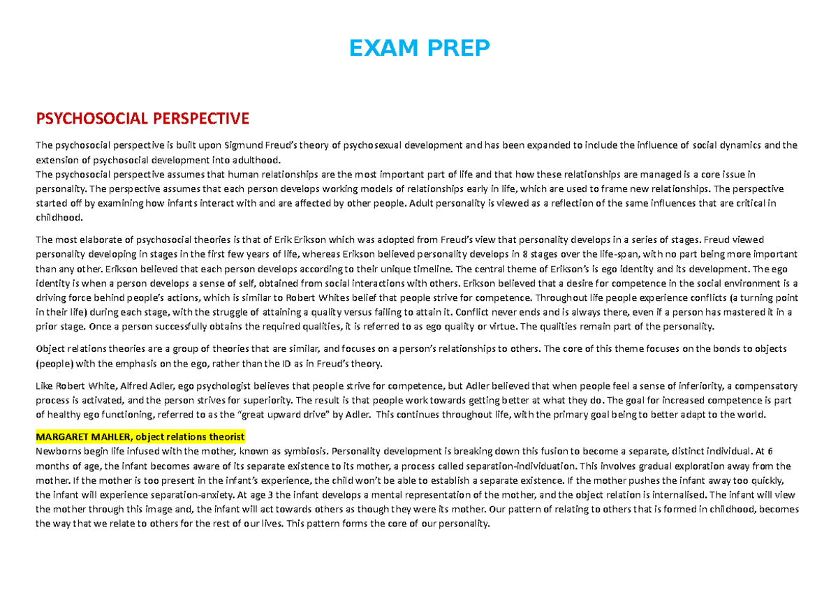 PSY30008 Psych of Personality - Exam prep - EXAM PREP PSYCHOSOCIAL ...