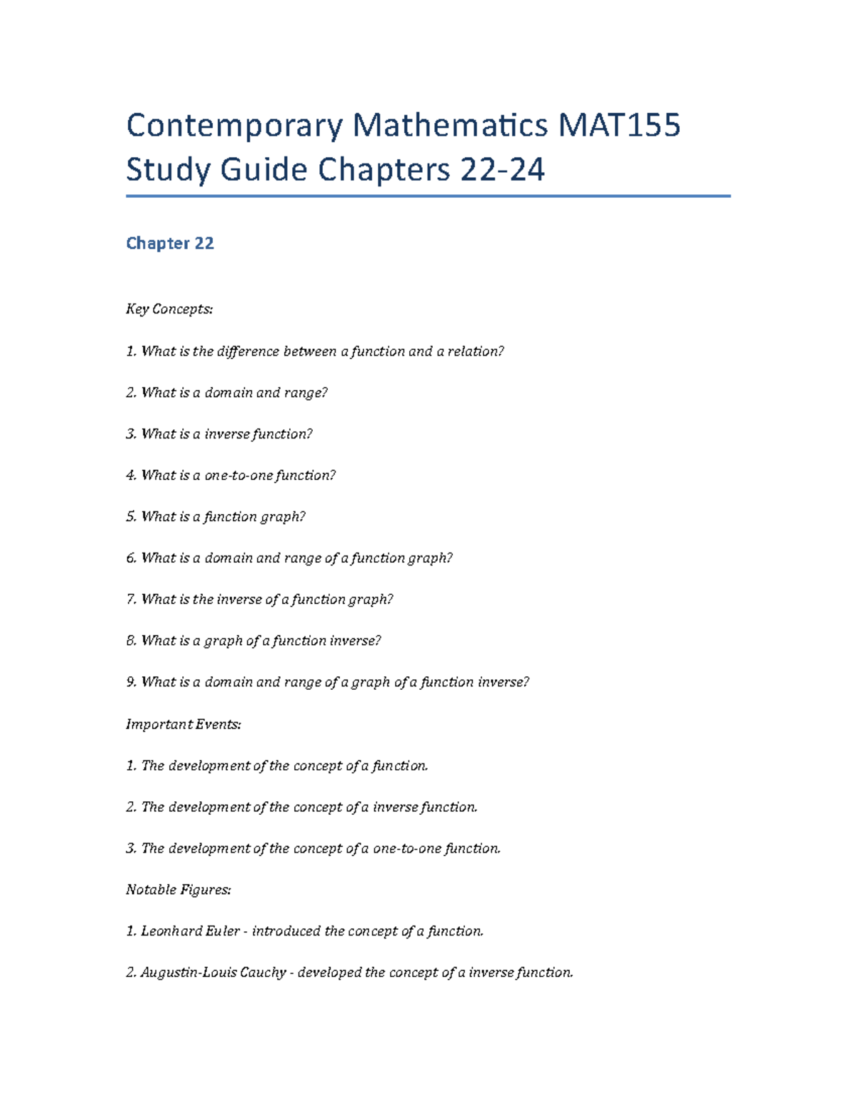 Contemporary Mathematics MAT155 Study Guide Chapters 22-24 ...